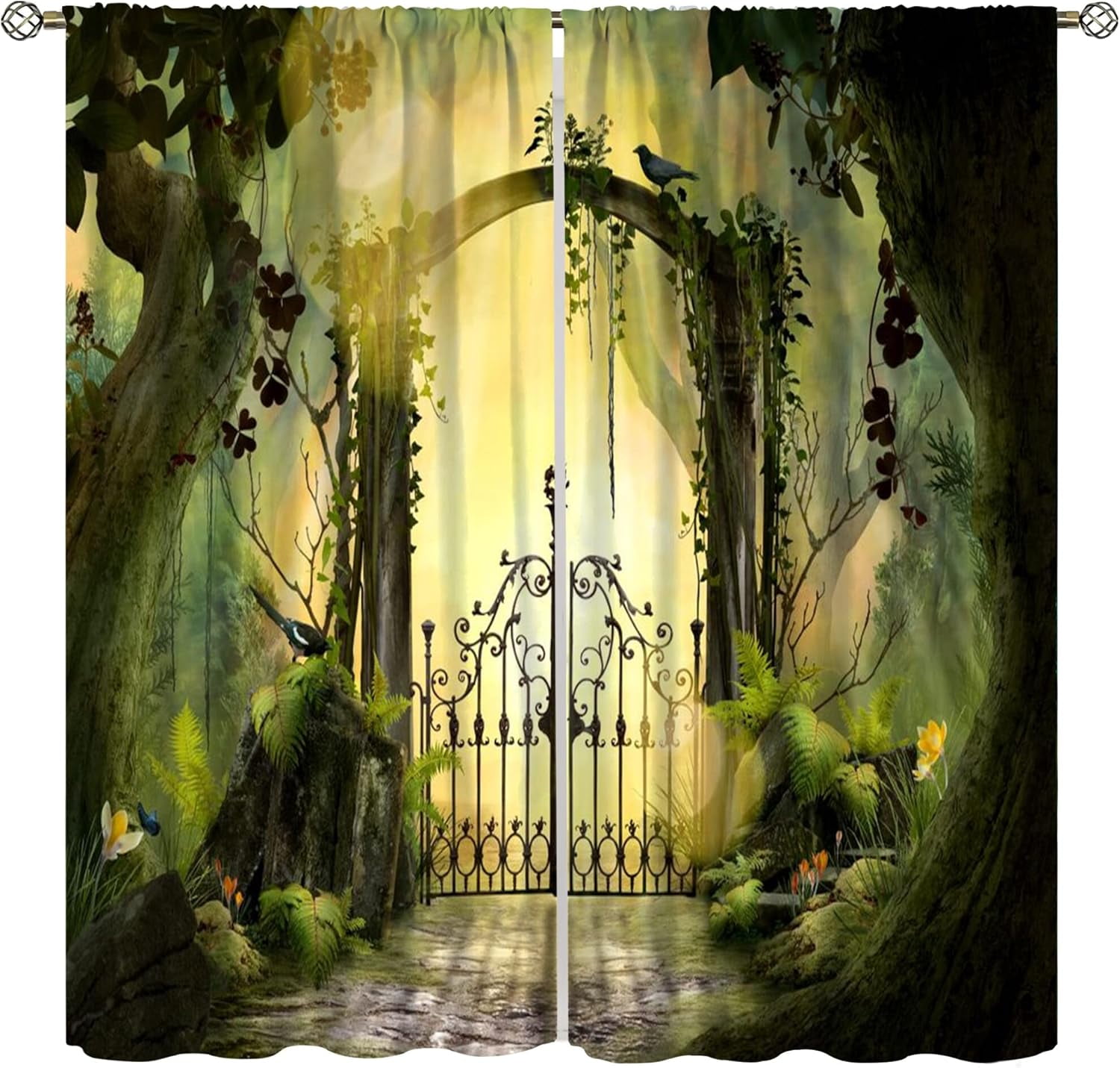 Fantasy Nature Curtains for Windows, Gothic Gate Fantasy Forest Theme ...