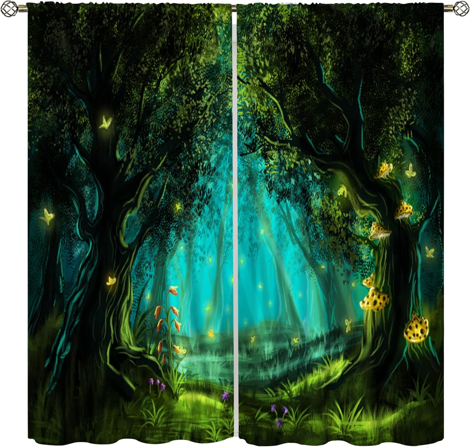 Fantasy Nature Curtains for Windows, Gothic Gate Fantasy Forest Theme ...