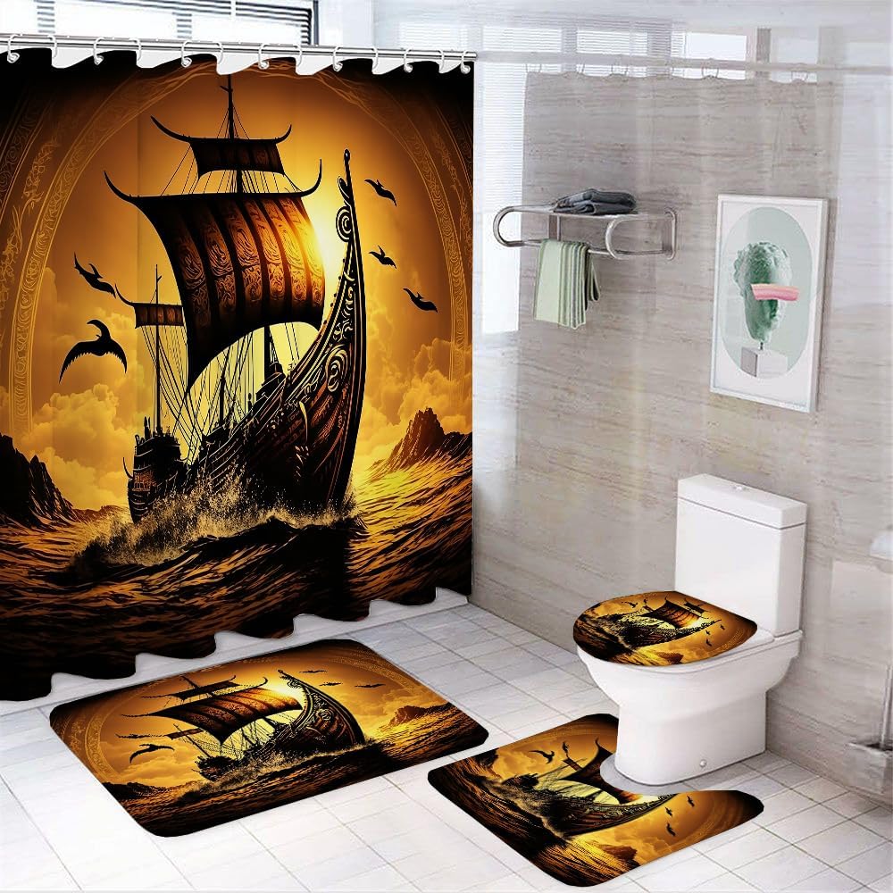 Fantasy Nautical Pirate Ship Shower Curtain Sets 4 Piece,Vintage Ocean ...