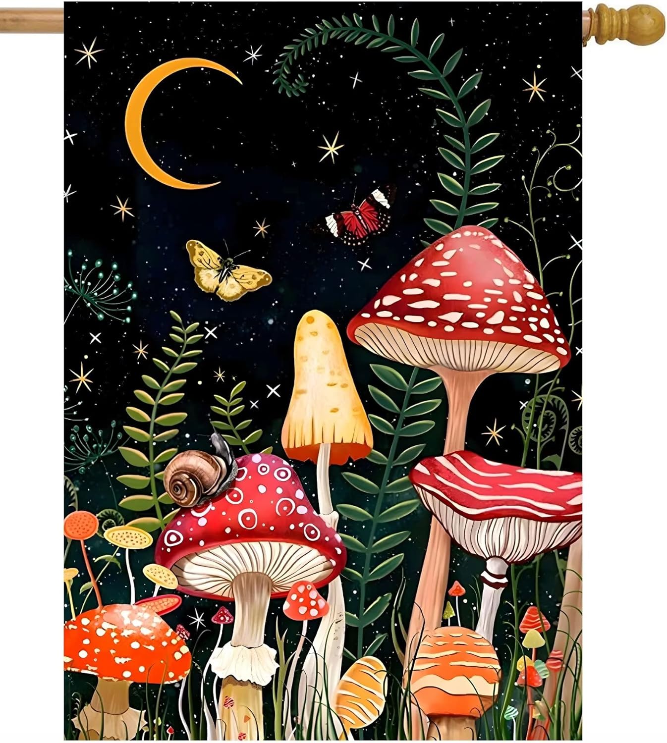 Fantasy Night Fairy Moon Star Mushroom Grass Butterfly Snail House Flag ...
