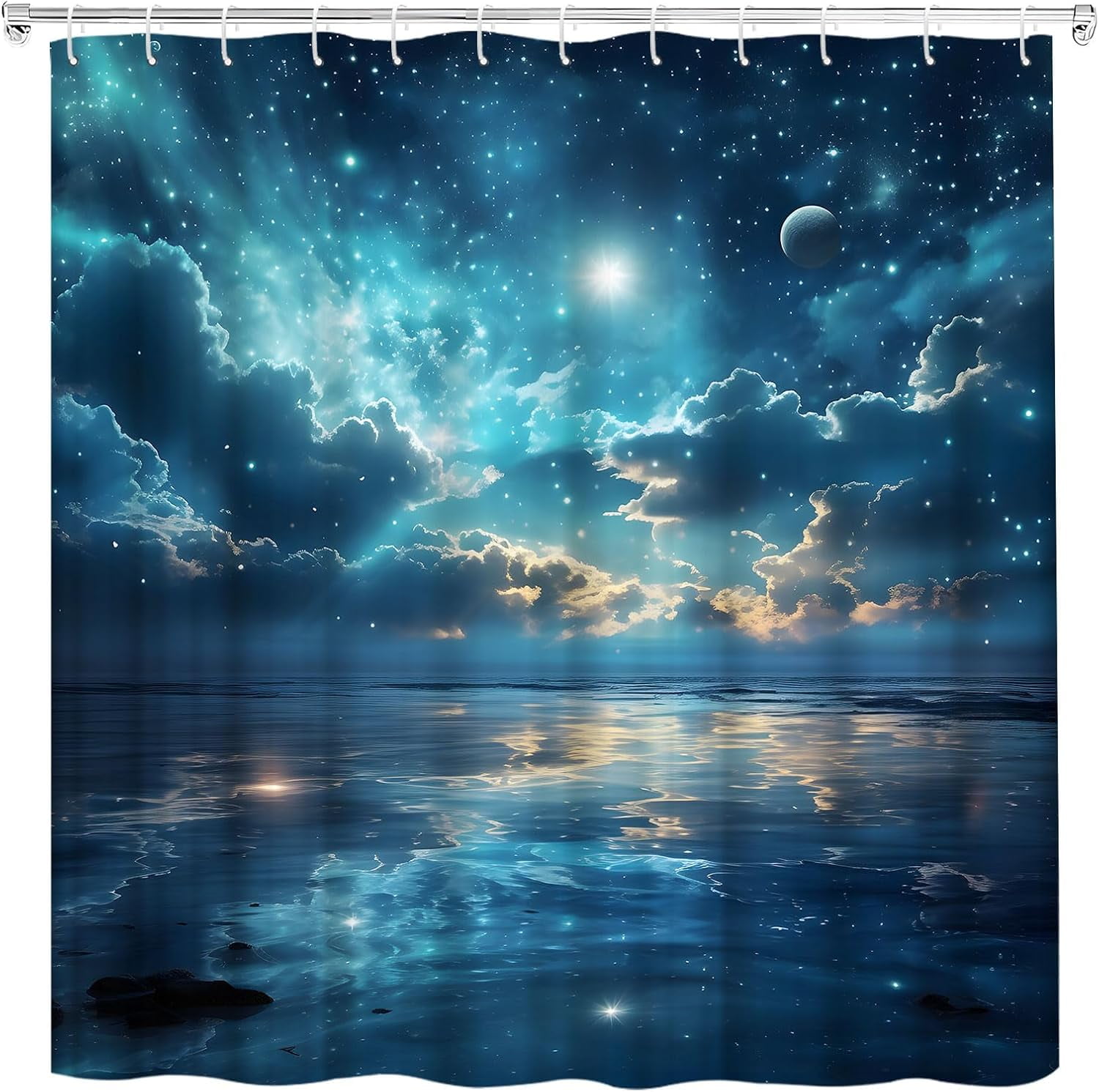 Fantasy Ocean Shower Curtain Night Sky Clouds Stars Dark Blue Nature ...