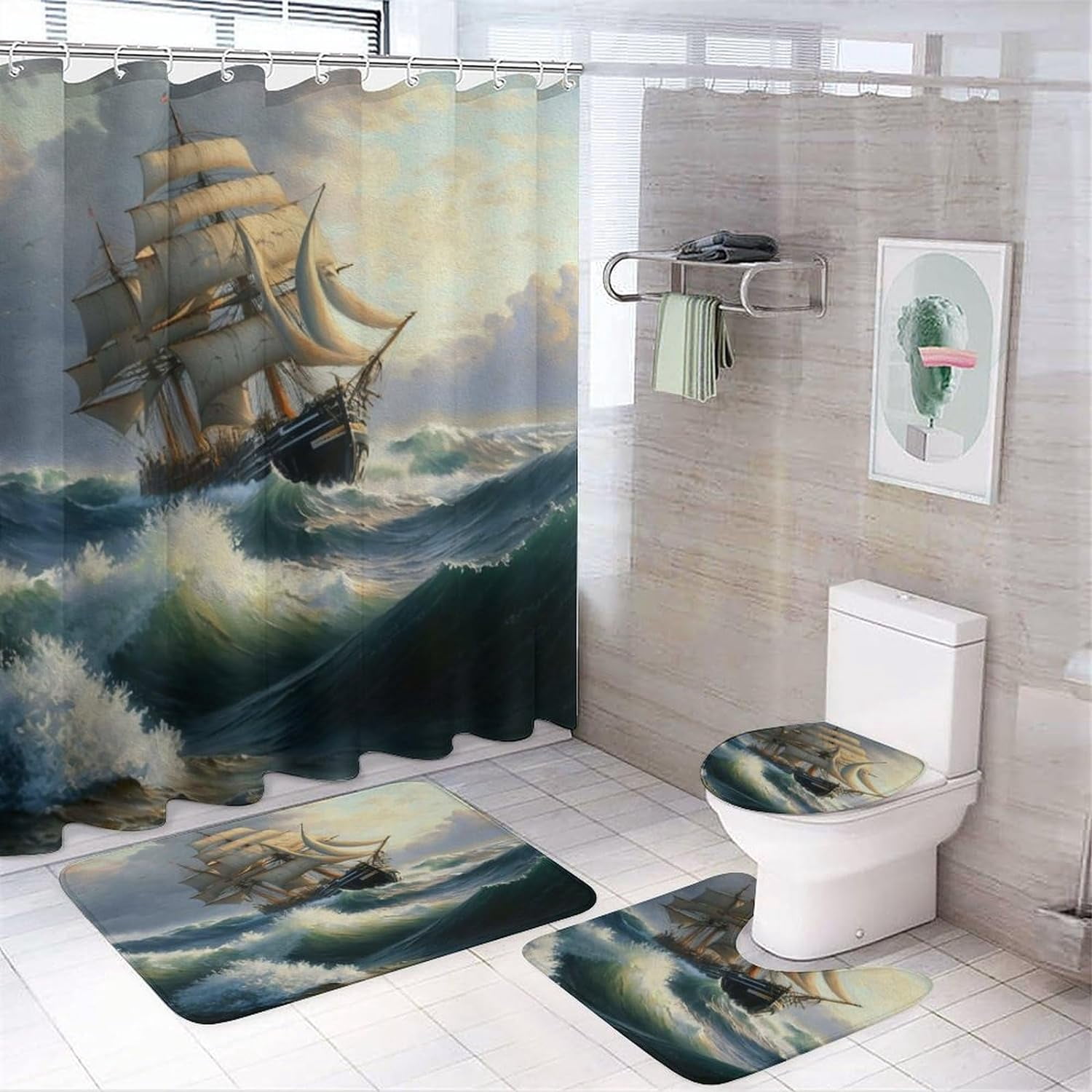Fantasy Old Pirate Ship Shower Curtain Sets 4 Piece, Oil Painting Ocean ...