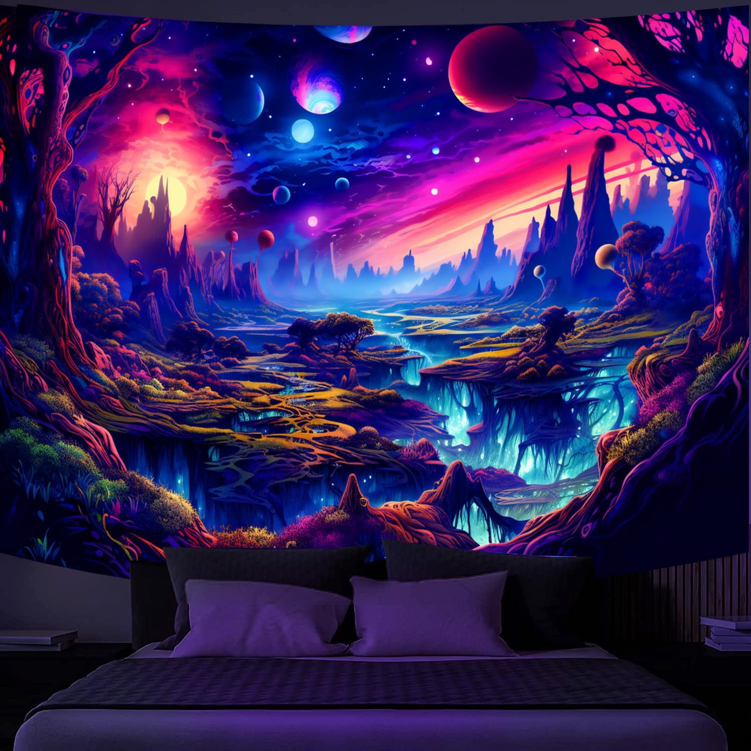 Fantasy Planet Blacklight Forest UV Reactive Landscape Tapestry Wall ...