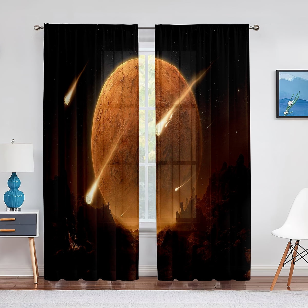 Fantasy Planet Cloud Sky Mountain Blue Moon Sheer Curtain for Living ...