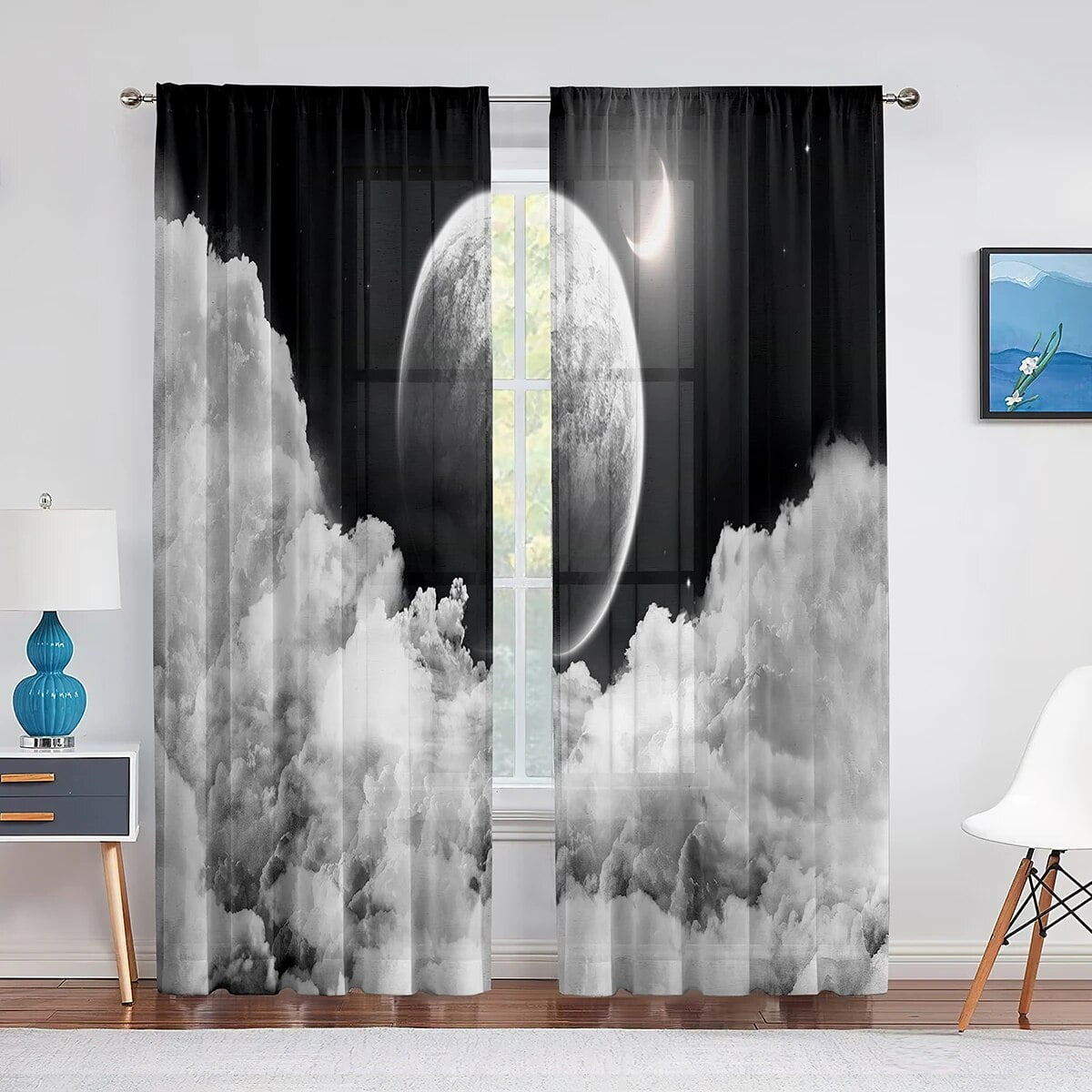 Fantasy Planet Cloud Sky Mountain Blue Moon Sheer Curtain for Living ...