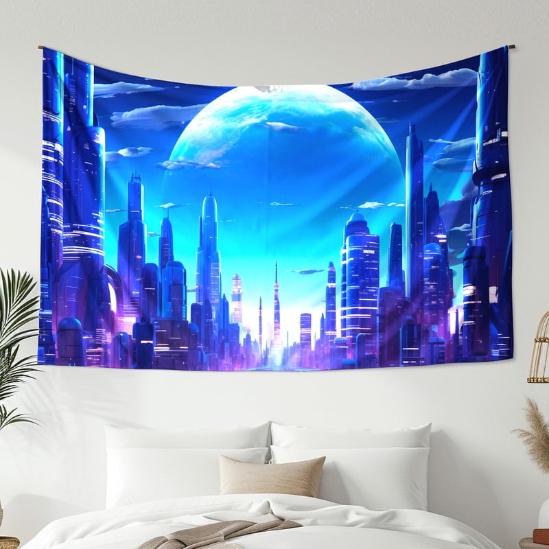 Fantasy Punk Cityscape Tapestry, Sky Moonlight Futuristic Style ...