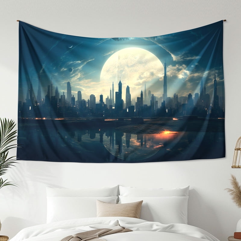 Fantasy Punk Cityscape Tapestry, Water Moonlight Futuristic Style ...