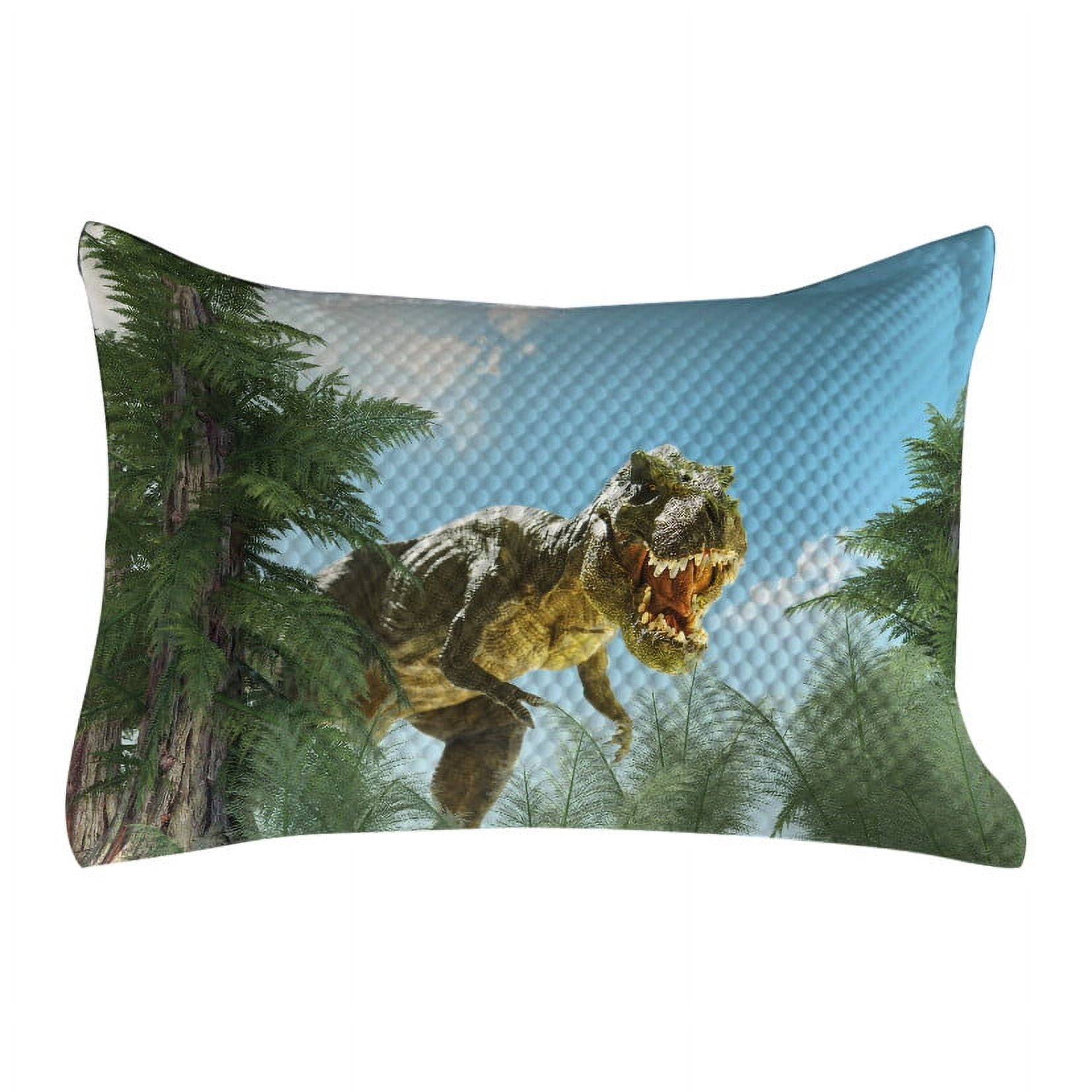 Fantasy Quilted Pillowcover, Giant Dinosaur in Forest Jurassic Monster ...
