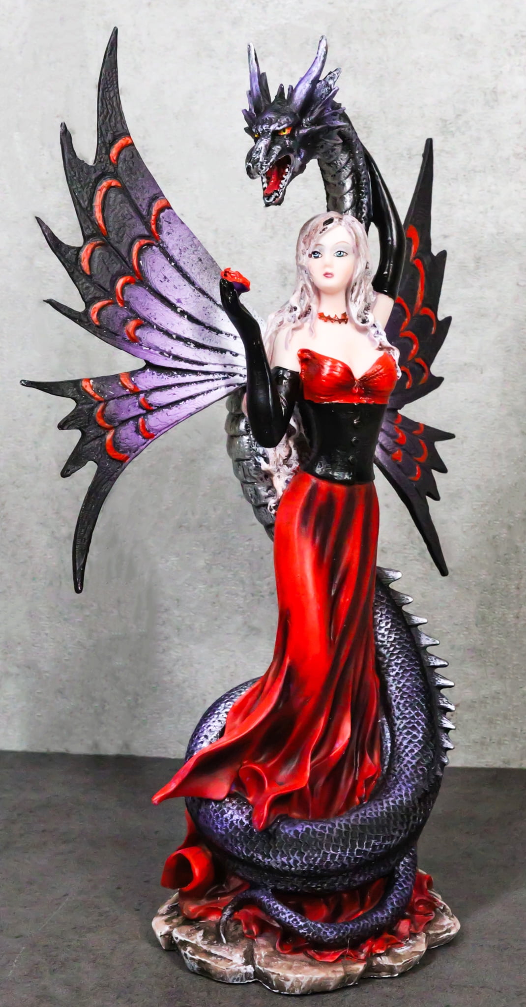 Fantasy Red Gowned Gothic Rose Fairy With Black Grendel Volcano Dragon ...