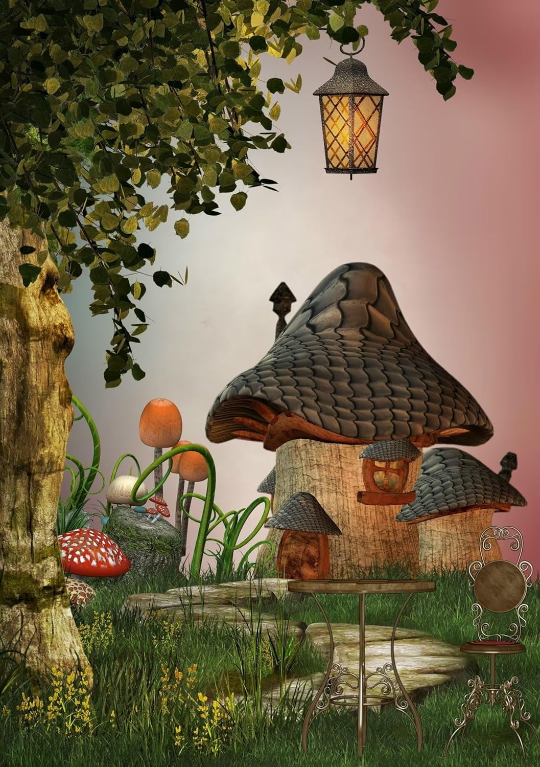 Fantasy Scenery with Mushroom House in the Garden with Path Garden Flag ...