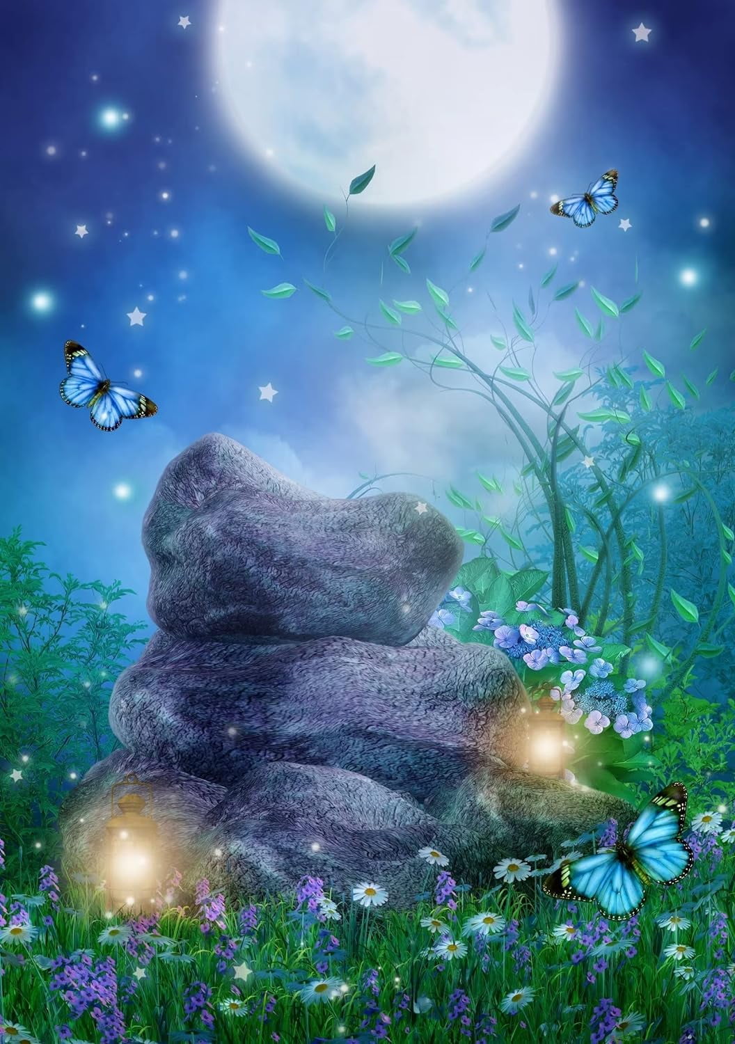 Fantasy Scenery with Stones Lamps Flowers Trees Moon and Butterflies ...