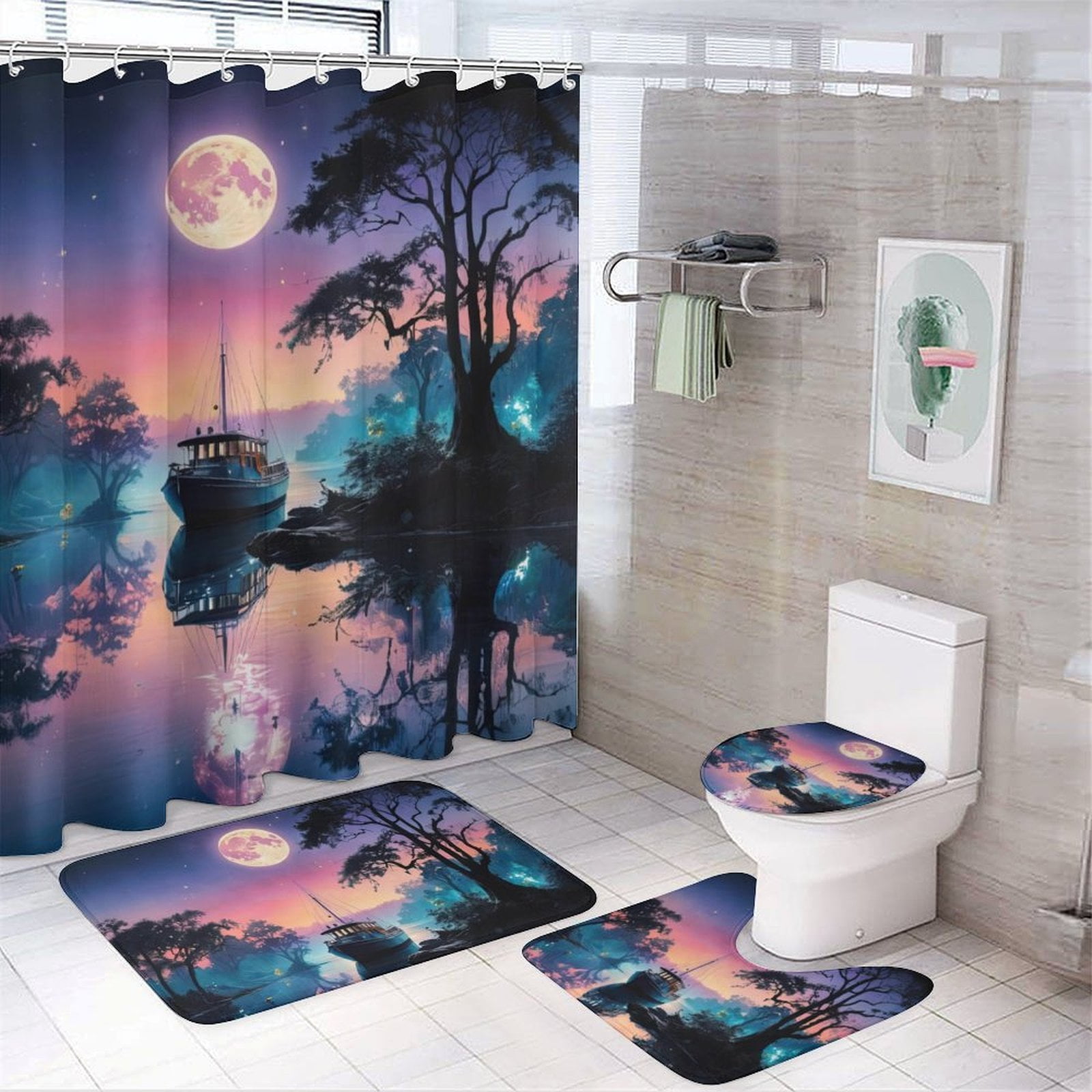 Fantasy Ship Print Shower Curtain Set 4-Set Magical Night Scene ...