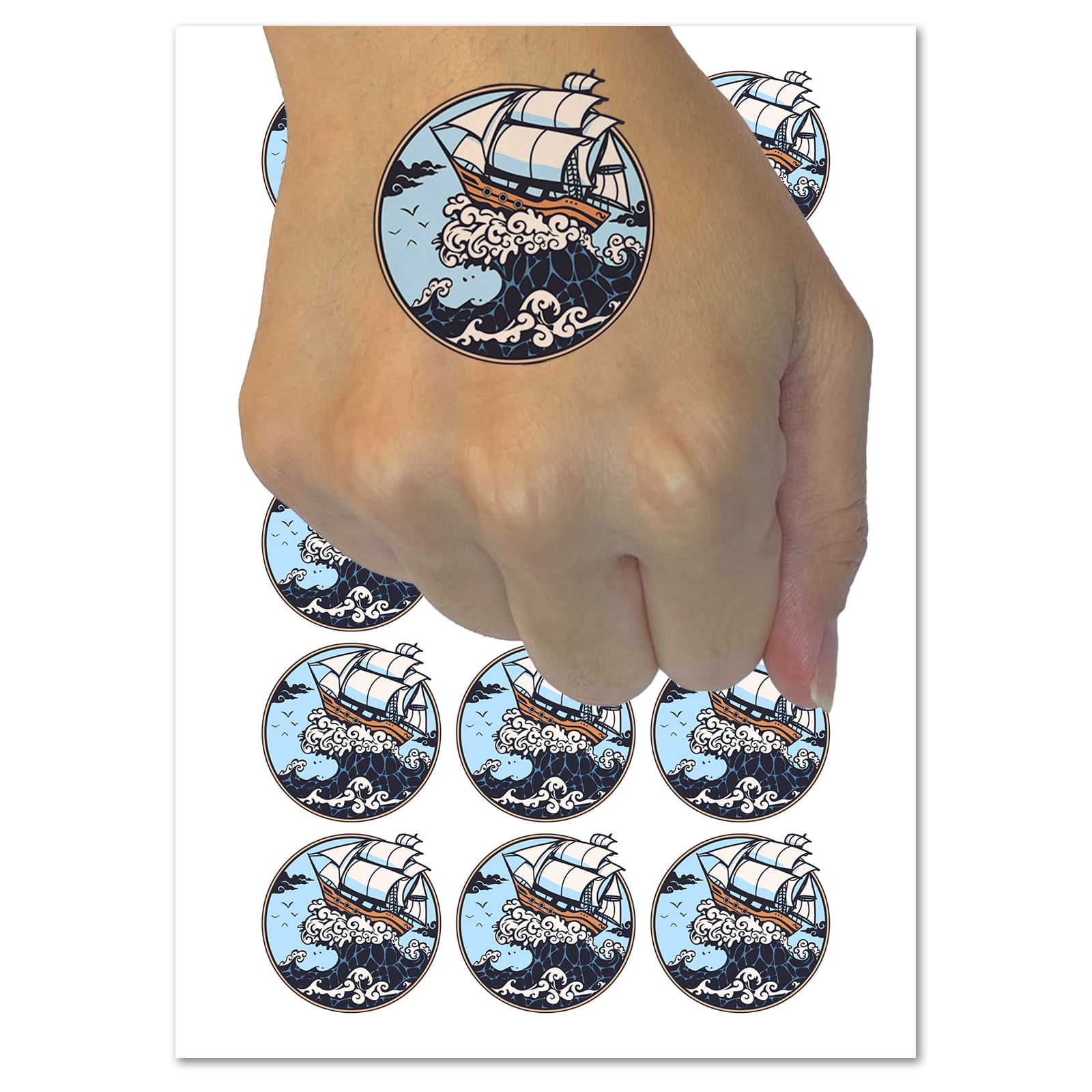 Fantasy Ship on Large Ocean Wave Water Resistant Temporary Tattoo Set ...