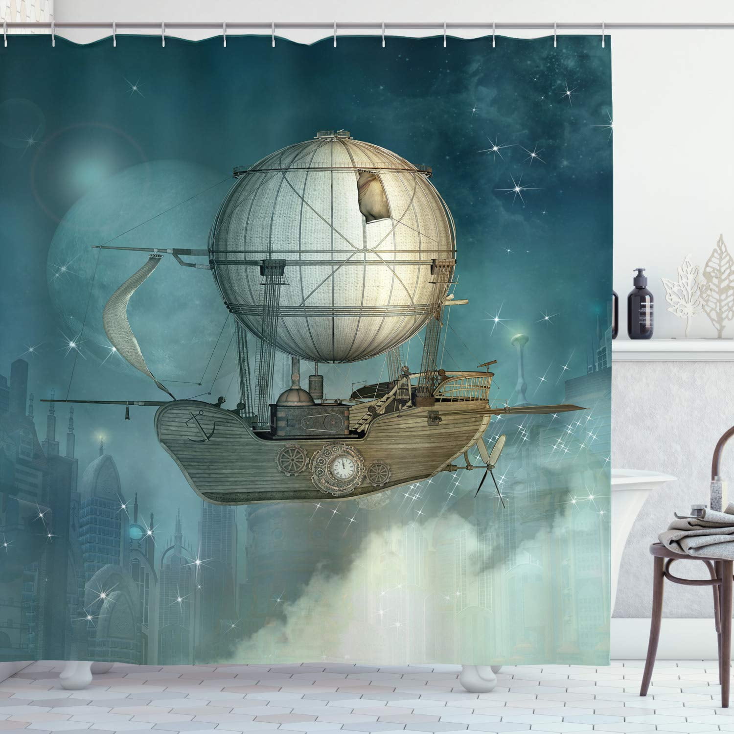 Fantasy Shower Curtain Surreal Sky Scenery Steampunk Airship Sci Fi ...