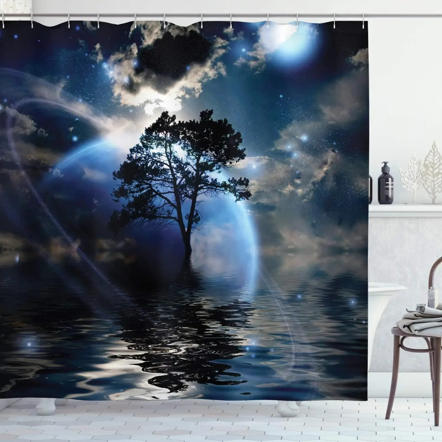 Fantasy Shower Curtain Water Night View Dark Clouds Stars Moonlight ...