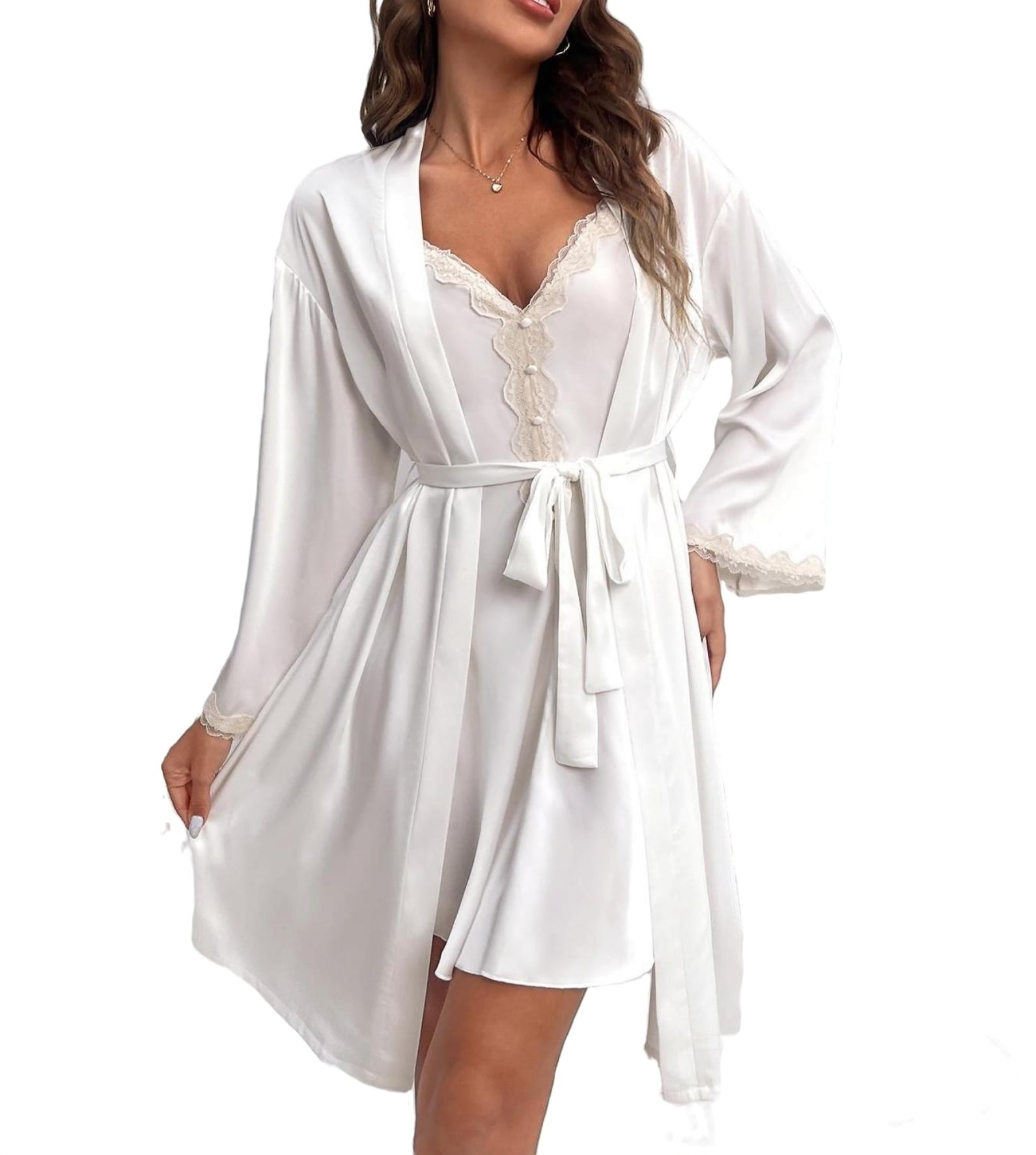 Fantasy-Simple Deep V Neck Satin Robe Sets Long Sleeve White Womens ...