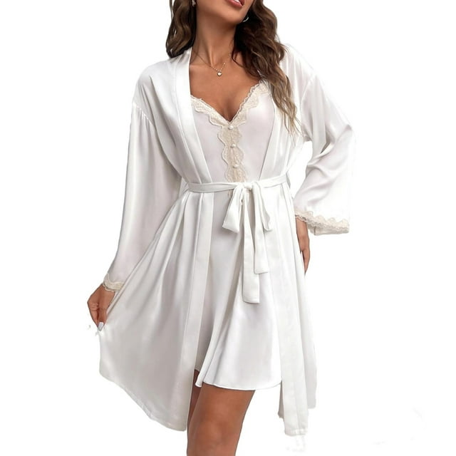 Fantasy-Simple Deep V Neck Satin Robe Sets Long Sleeve White Womens ...