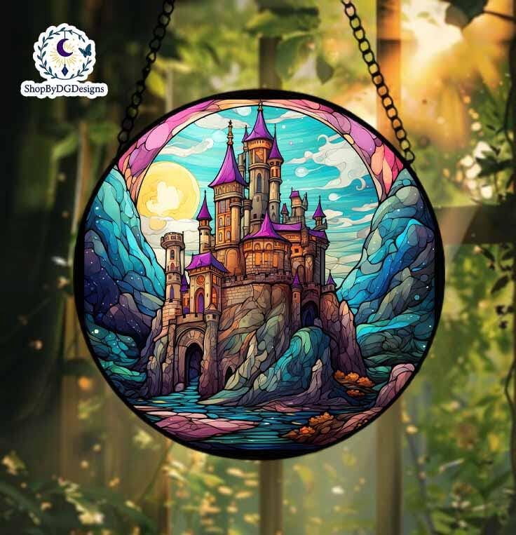Fantasy Stained Glass Castle, Mystical Moonlight Art, Colorful Window ...