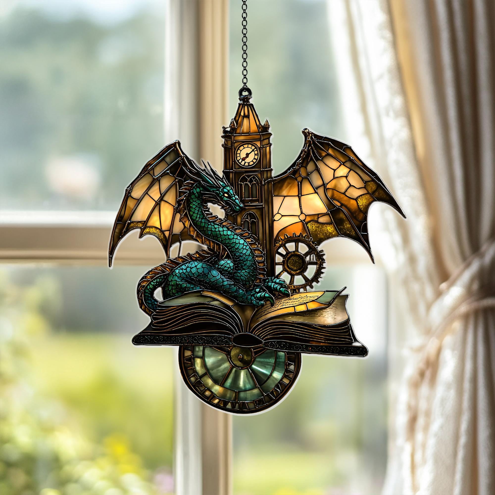 Fantasy Steampunk Dragon Window Hanging, Dragon on Open Book with Clock ...