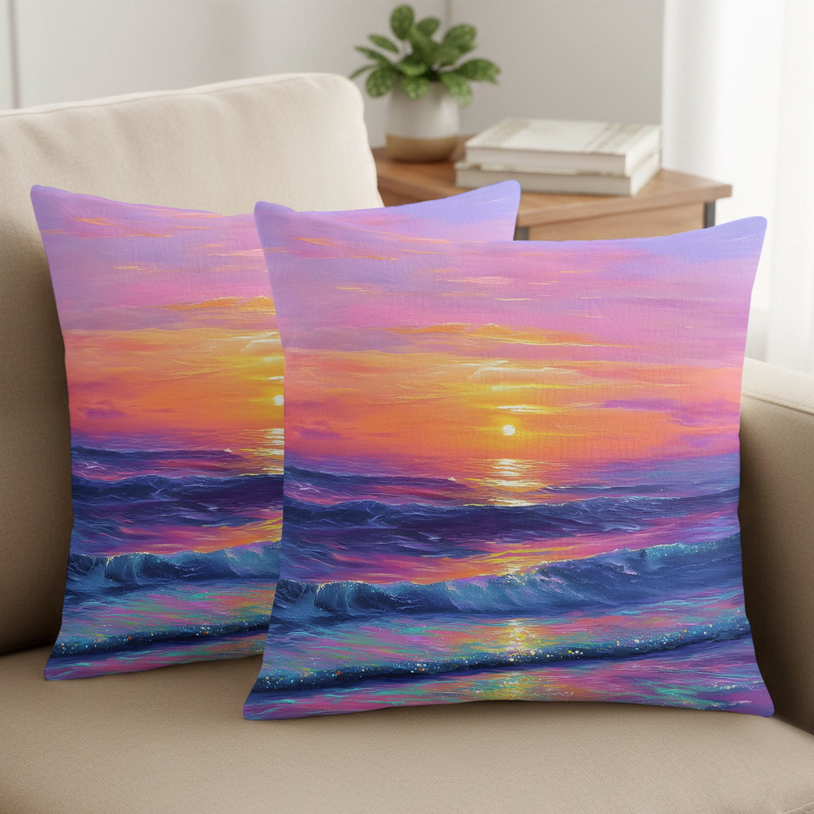 Fantasy Sunset Pillow Covers Set of 2, Dreamy Coastal Modern Ocean ...