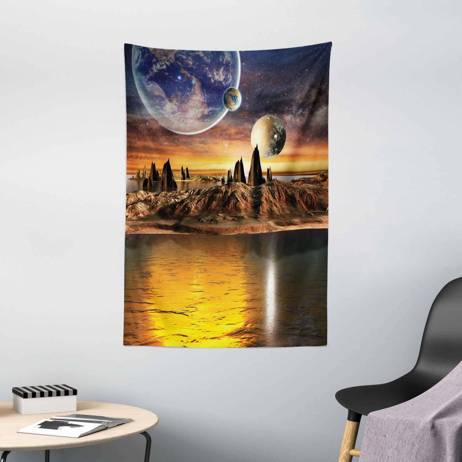 Fantasy Tapestry, Alien Planet with Earth Moon and Mountain Fantasy Sci ...