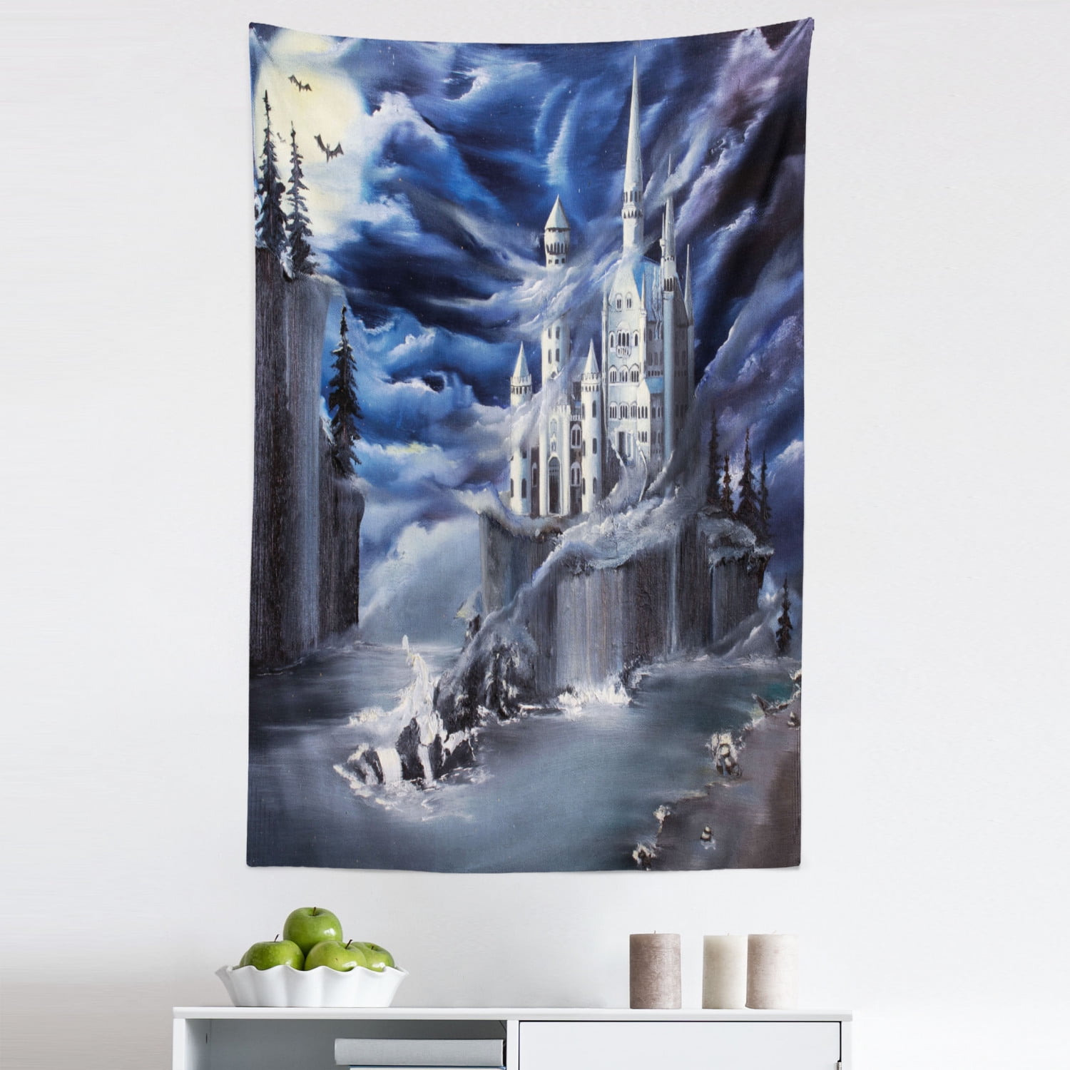 Fantasy Tapestry, Island with Castle Full Moon Cloudy Dramatic Sky ...