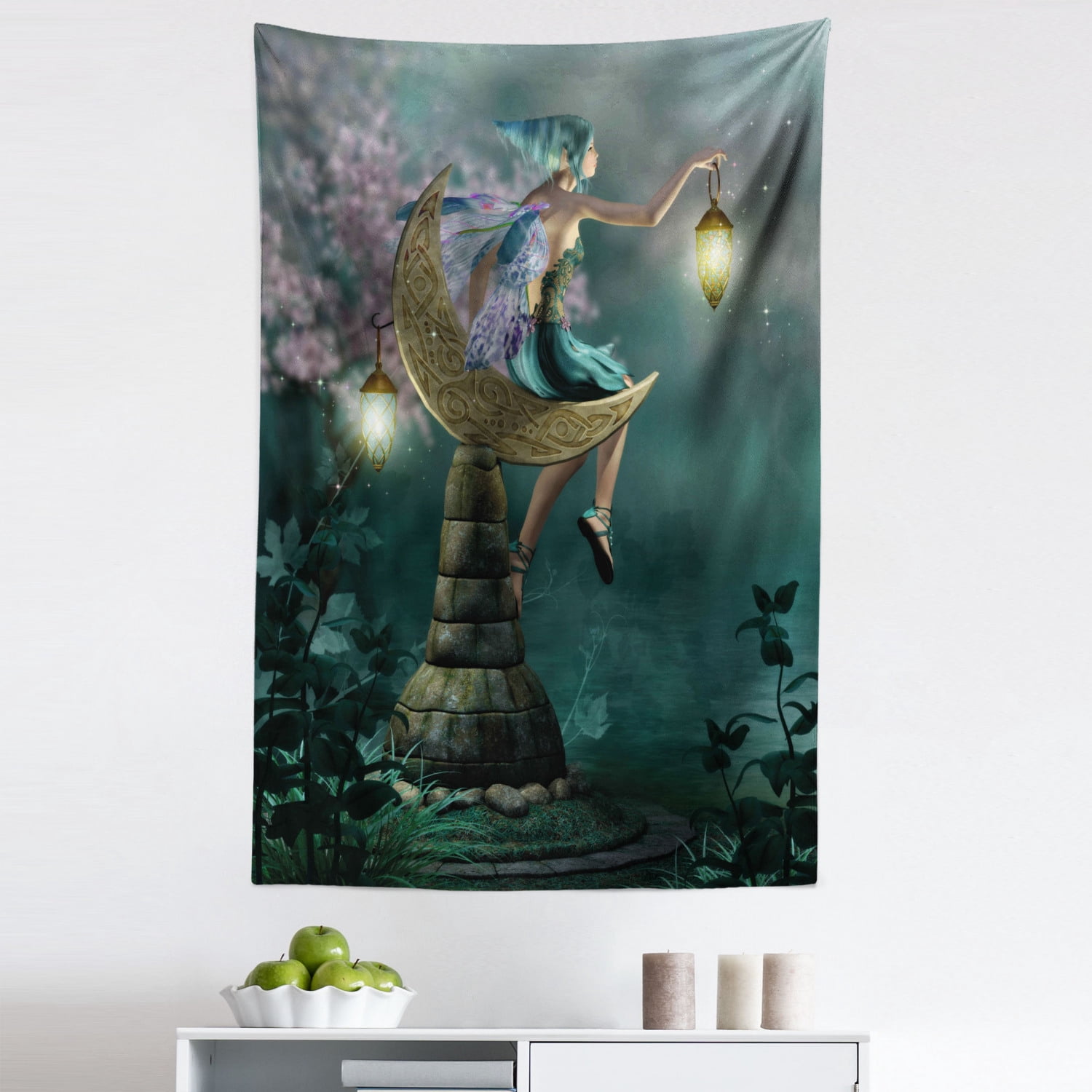 Fantasy Tapestry, Little Pixie Lantern Sitting Moon Stone Myth Art ...