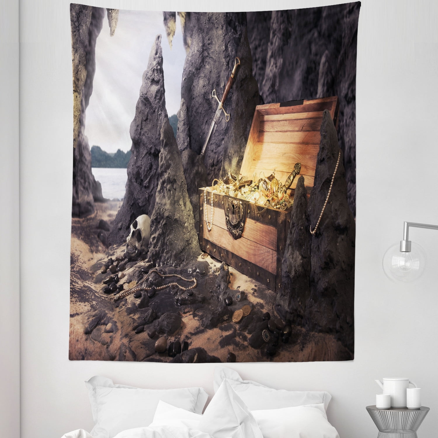 Fantasy Tapestry, Open Treasure Chest with Gold Coins in Cave Pirate ...