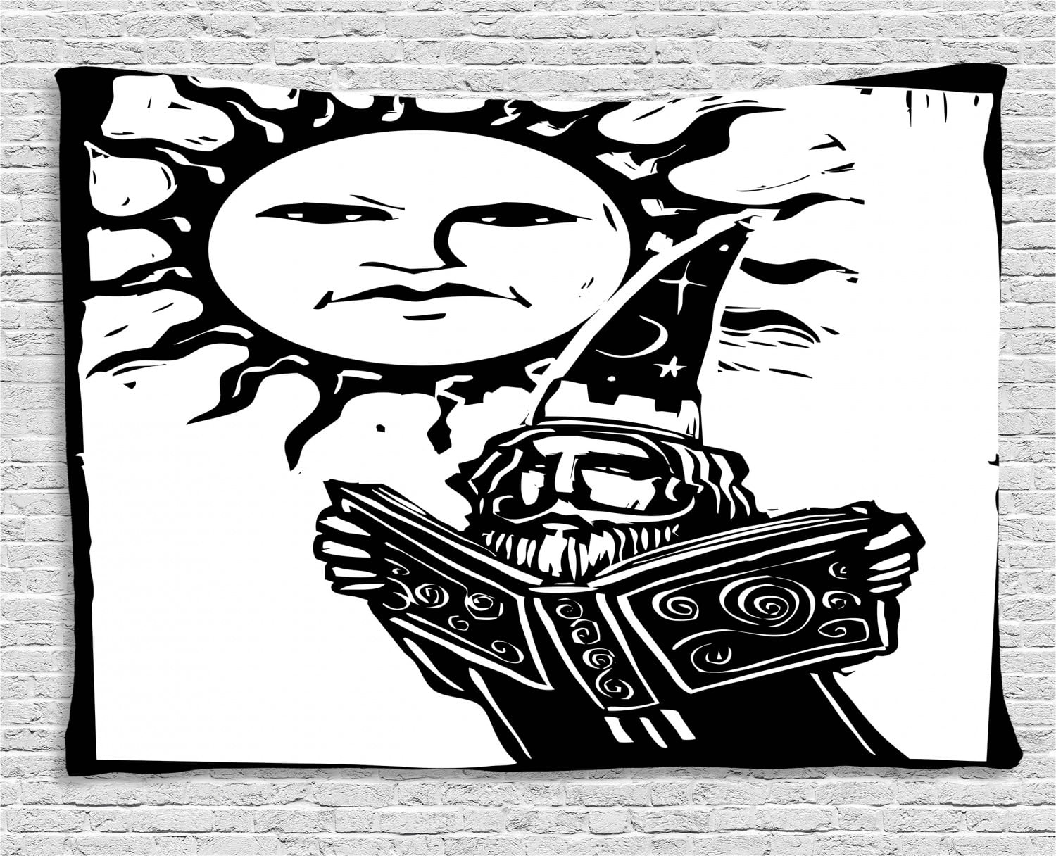 Fantasy Tapestry, Wizard Reading Magic Book beneath the Sun with Face ...