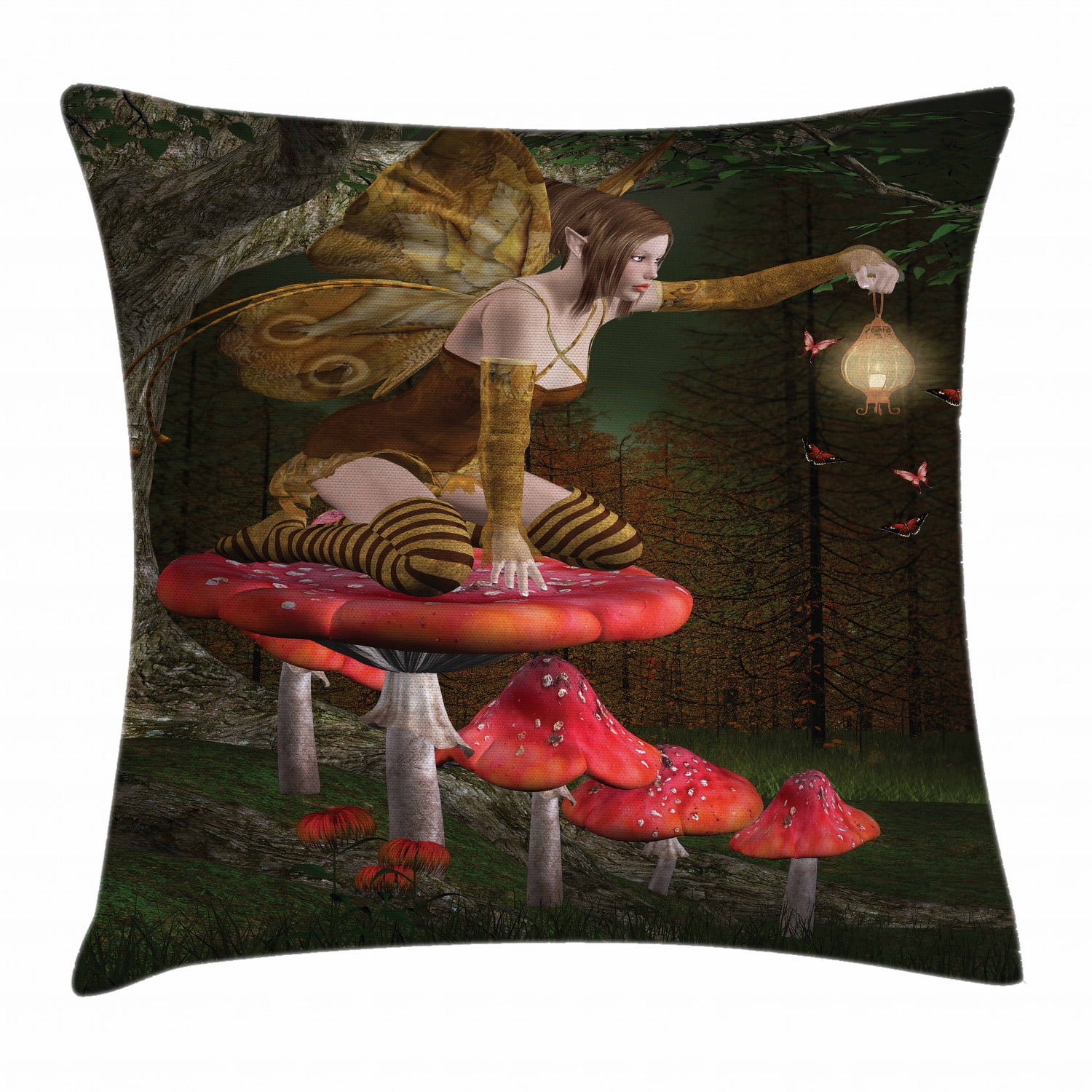 Fantasy Throw Pillow Cushion Cover, Mythical Fairy Creature Sitting on ...