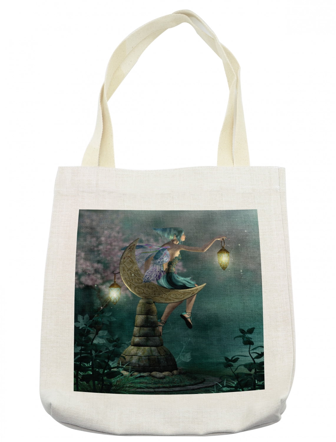 Fantasy Tote Bag, Little Pixie Lantern Sitting Moon Stone Fairytale ...