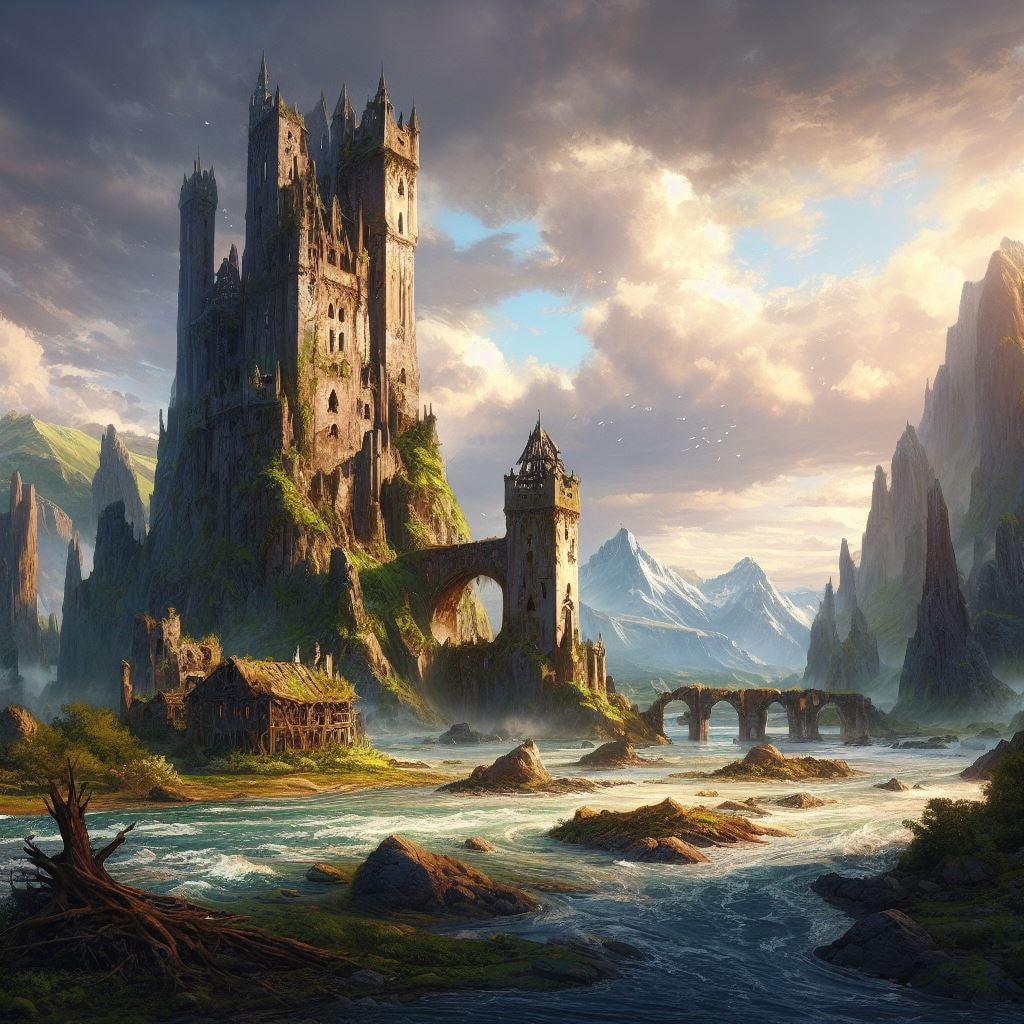 Fantasy Tower Ruins Near A River Digital Painting - 12" x 18" Art Print ...