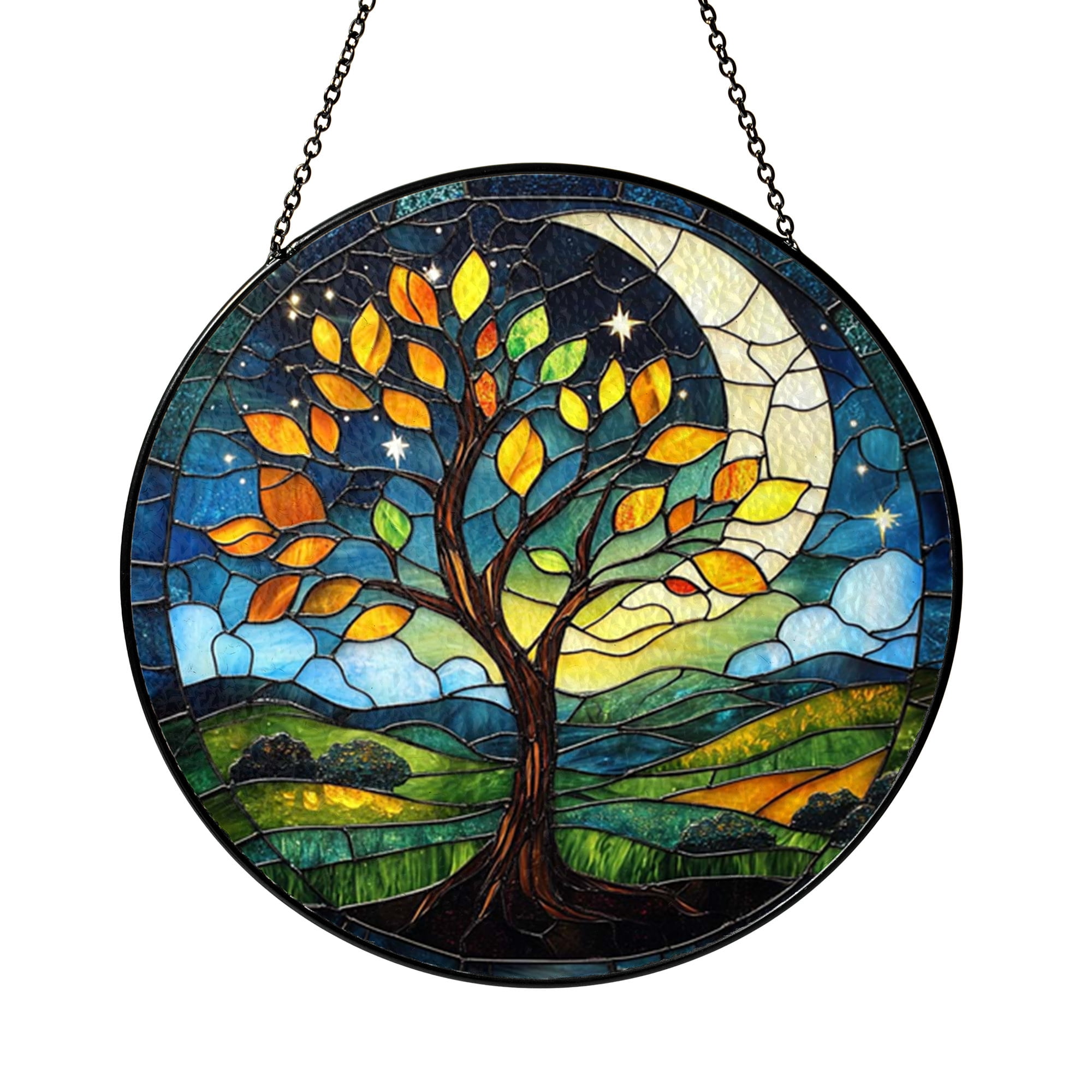 Fantasy Tree Stained Glass Style Window Hanging – Night Sky Art Decor ...