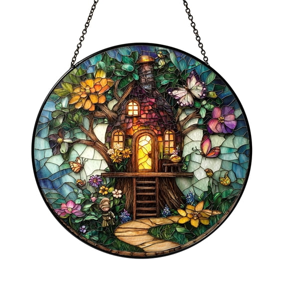Fantasy Tree Stained Glass Style Window Suncatcher, Botanical Art Decor ...