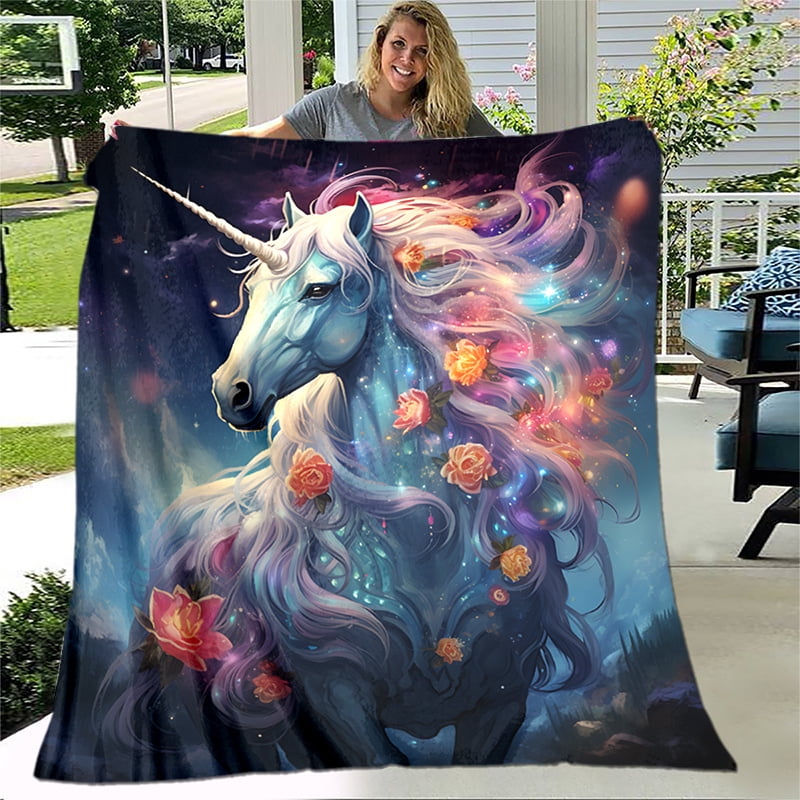 Fantasy Unicorn Print Blanket - Lightweight Flannel Throw For Sofa, Bed ...