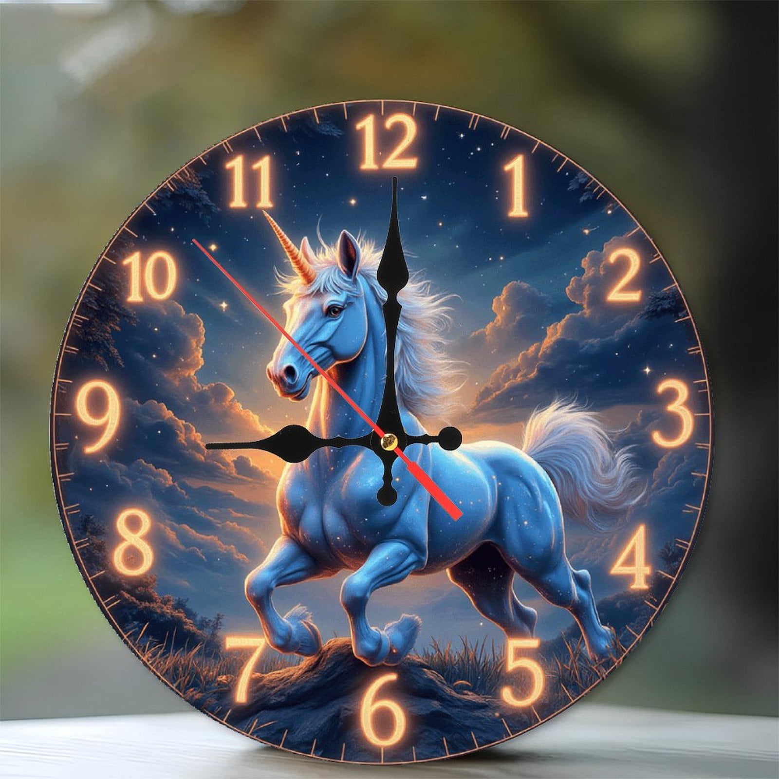 Fantasy Unicorn Wall Clock with Starry Sky Design 10-Inch Silent Wooden ...