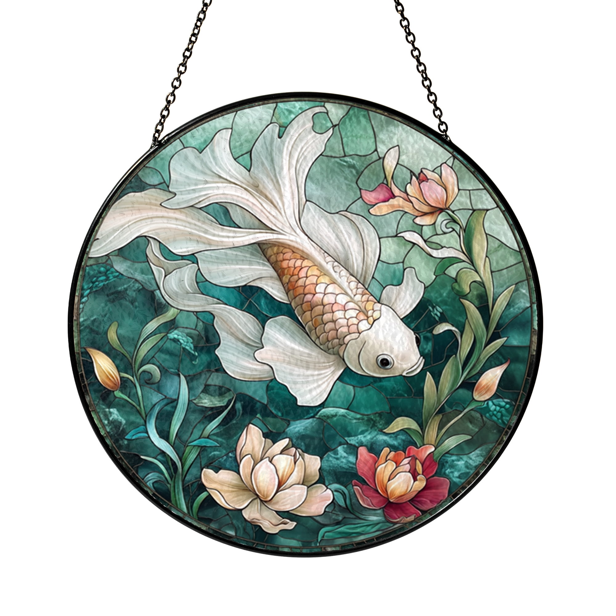 Fantasy White Goldfish Stained Glass Window Decor – Handmade Hanging ...