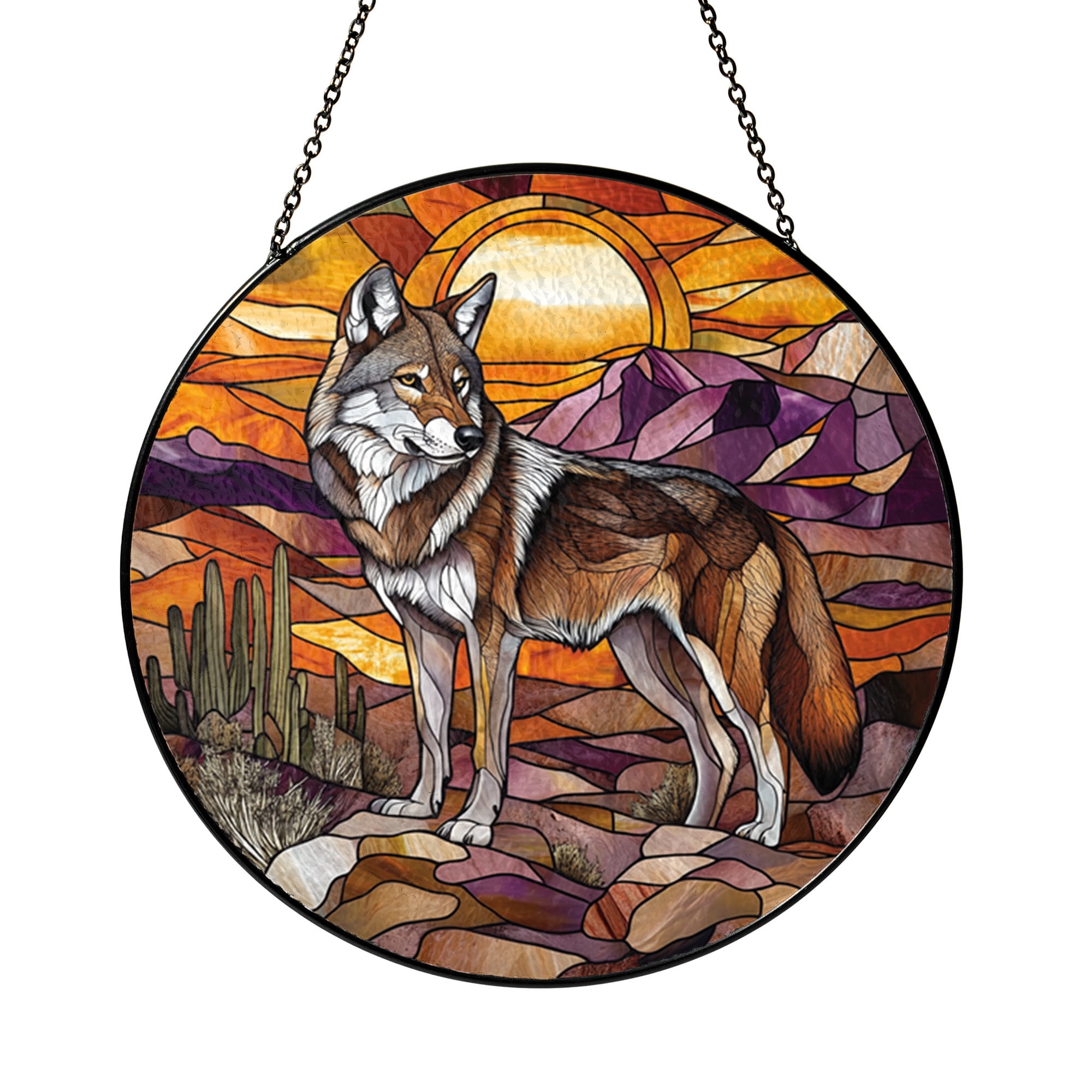 Fantasy Wolf Stained Glass Suncatcher – Desert Sunset Window Hanging ...
