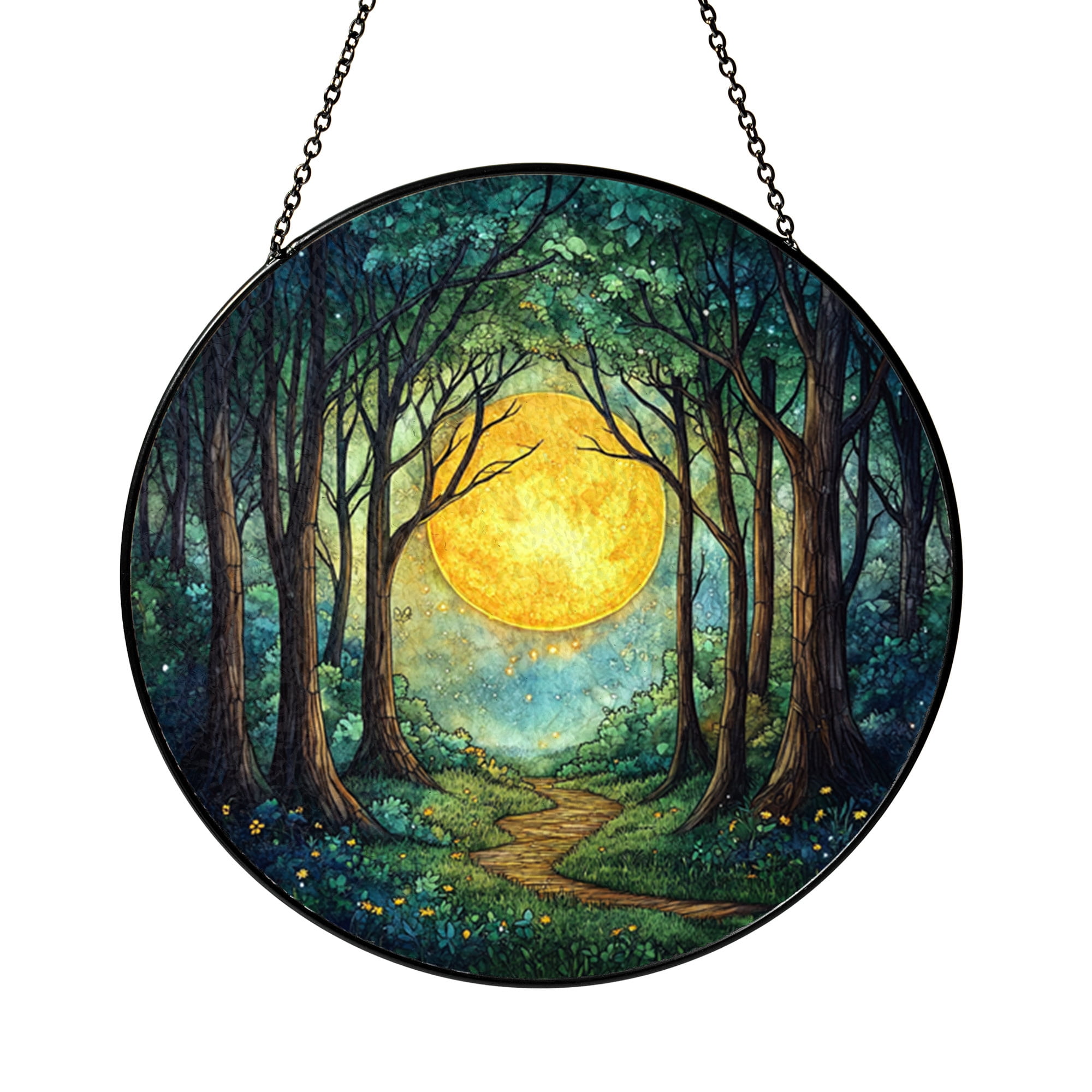 Fantasy Woodland Moon Stained Glass Suncatcher, Fireflies Forest Window ...