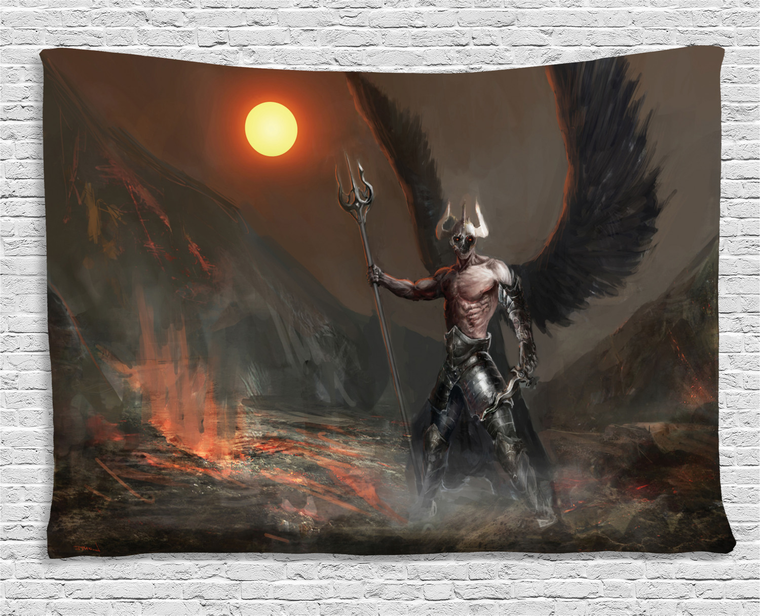 Fantasy World Decor Tapestry, Knight with Wings Feathers Angel Devil ...
