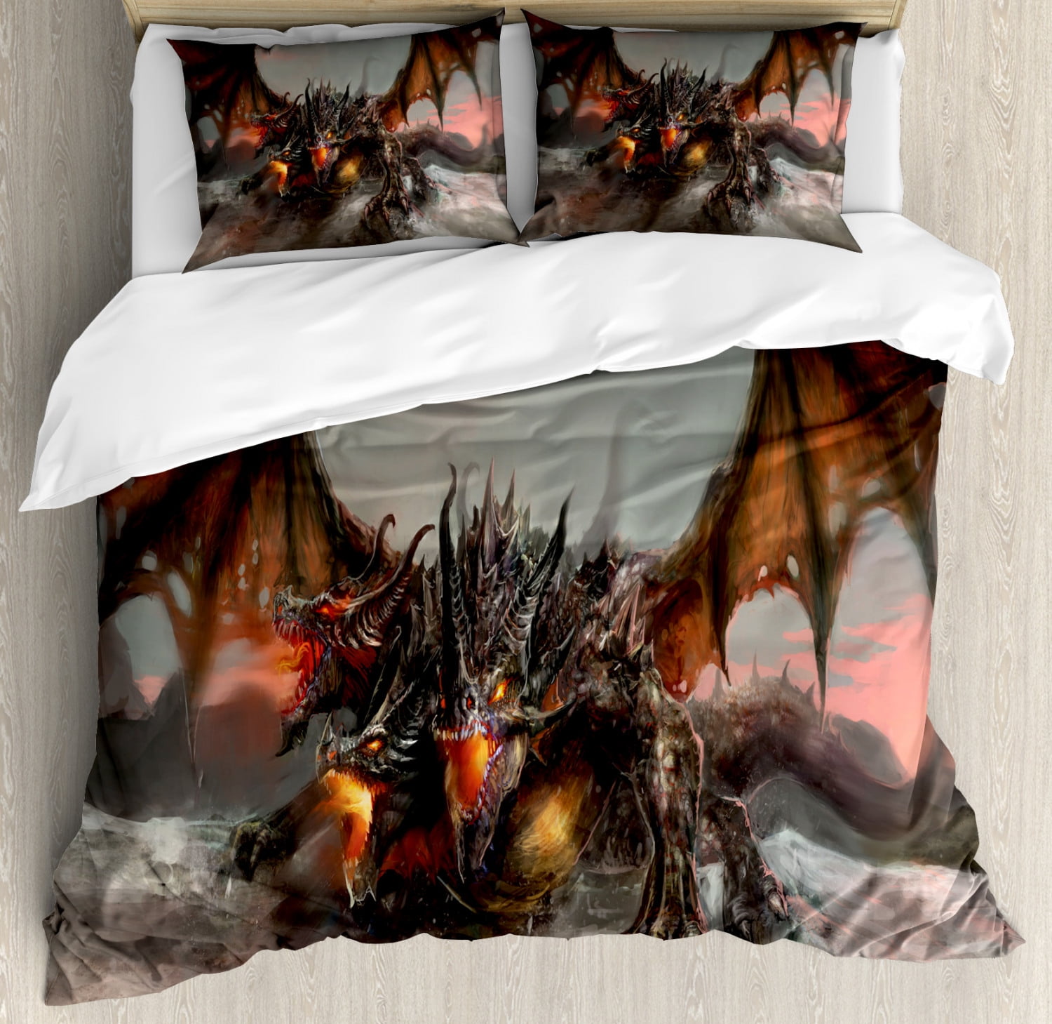 Fantasy World Duvet Cover Set, Illustration of 3 Headed Breathing ...