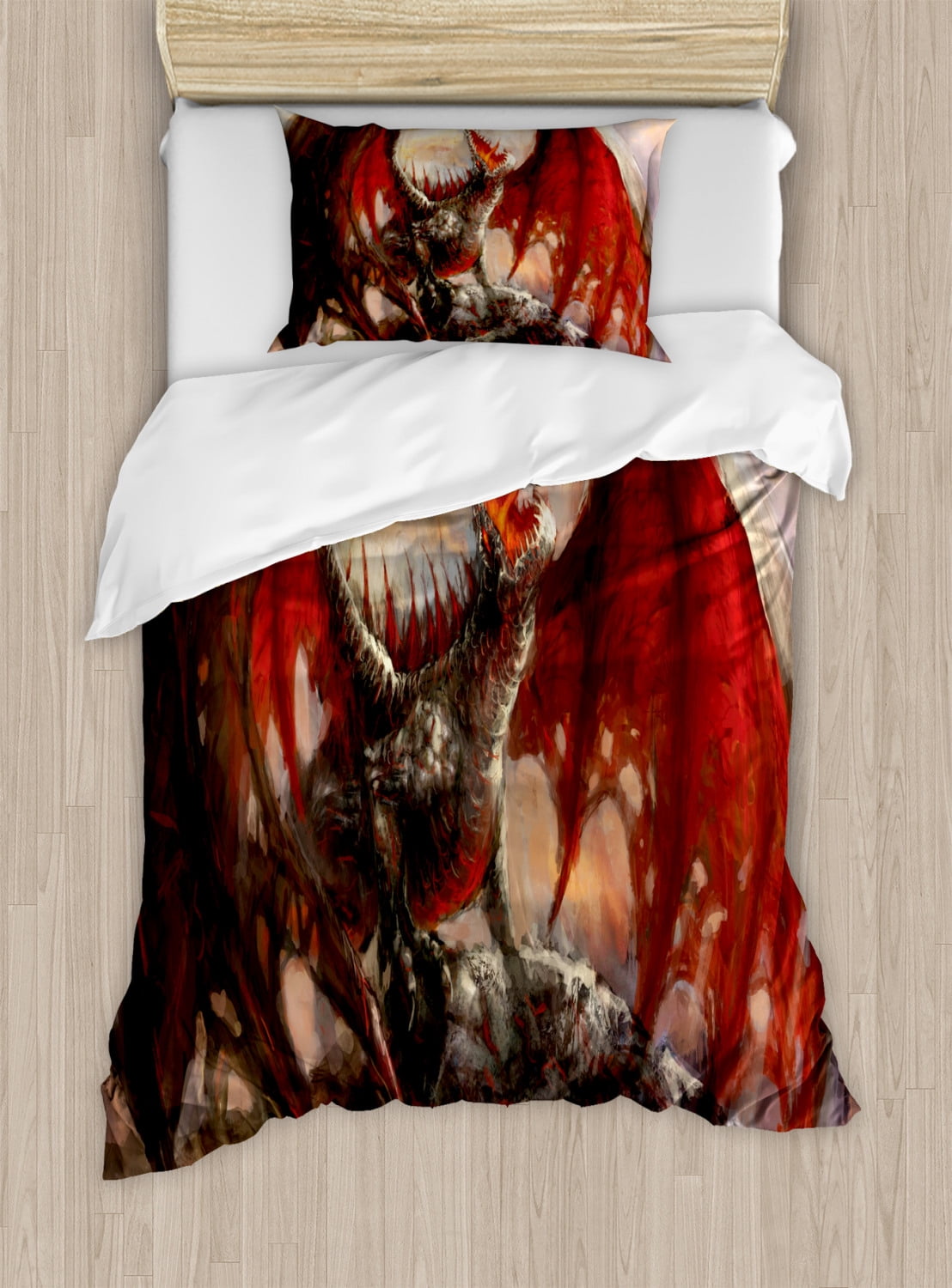Fantasy World Duvet Cover Set Twin Size, Majestic Dragon Resting on ...
