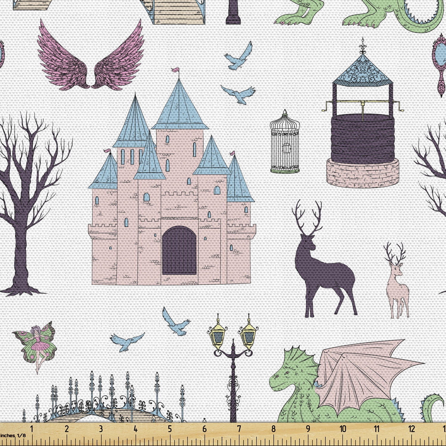 Fantasy World Fabric by the Yard, Print of Castles Dragons Deers ...