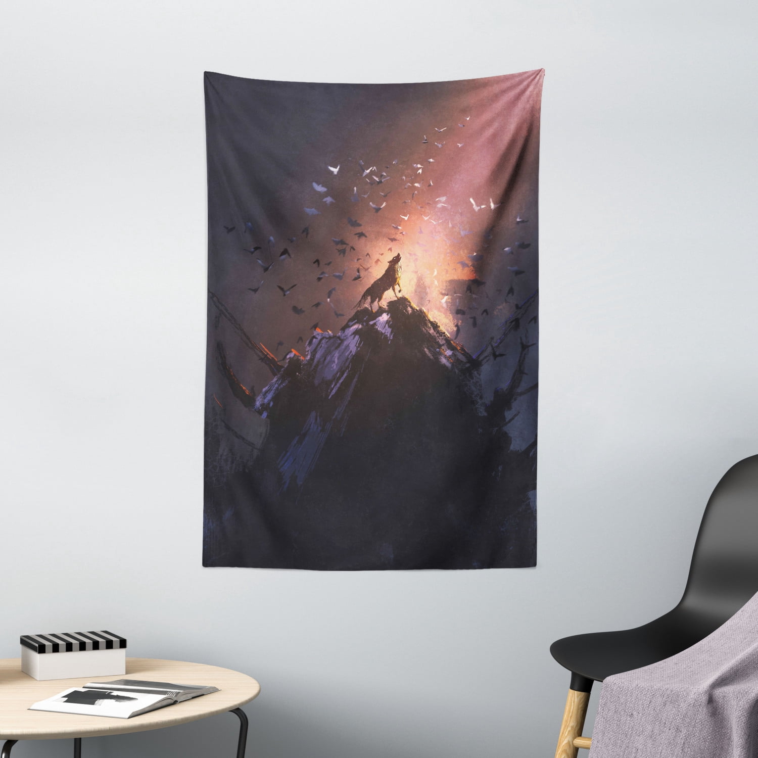 Fantasy World Tapestry, Howling Wolf on Rock Surrounded by Bats Birds ...