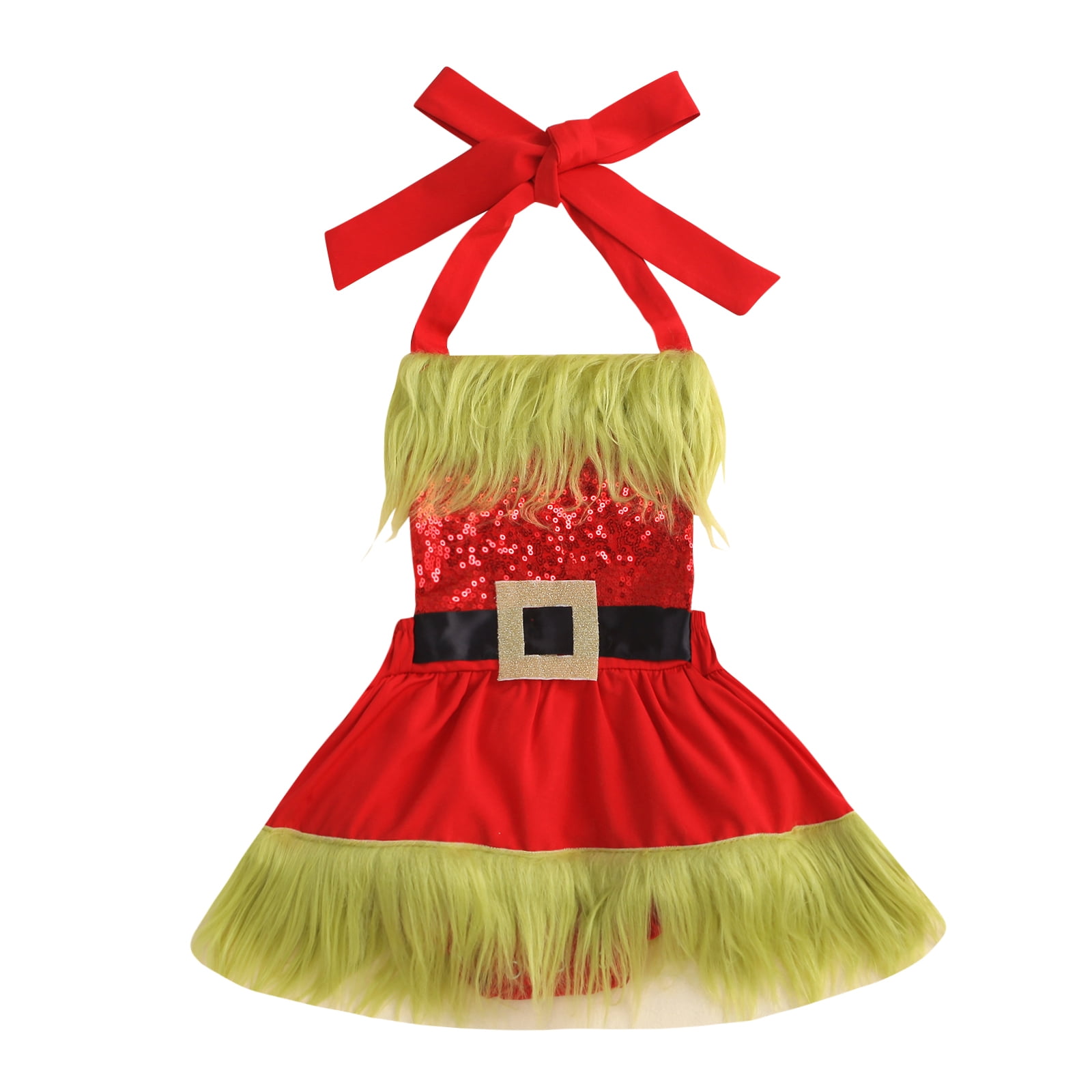 Fanvereka Christmas Kids Sequin Neck Hanger Plush Collar Backless Dress ...