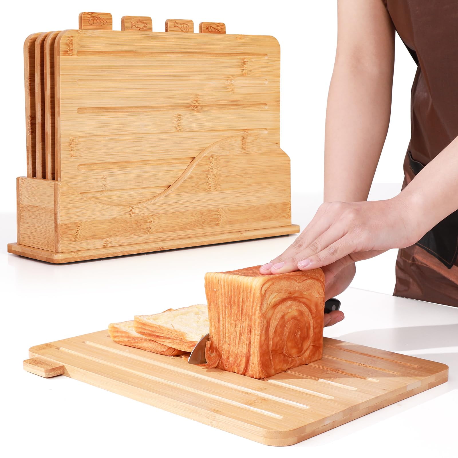 Fanwer Bamboo Cutting Boards Set of 4 - Wood Cutting Board Set with Holder, Chopping Board Set ...