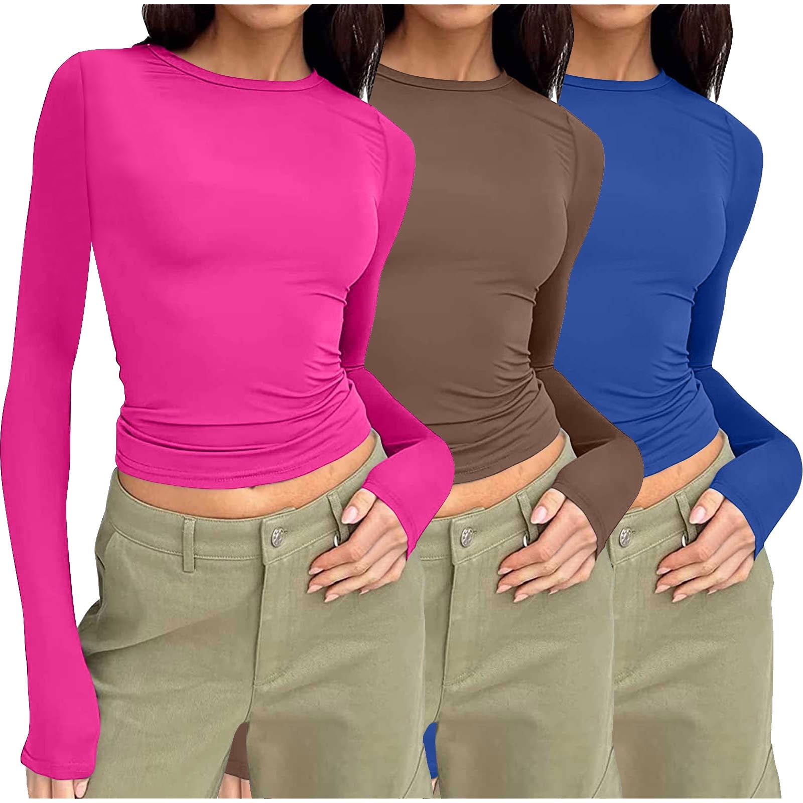Fanxing 3 Pcs Womens Y2k Tops Xs Casual Long Sleeve Crop Shirts Basic ...