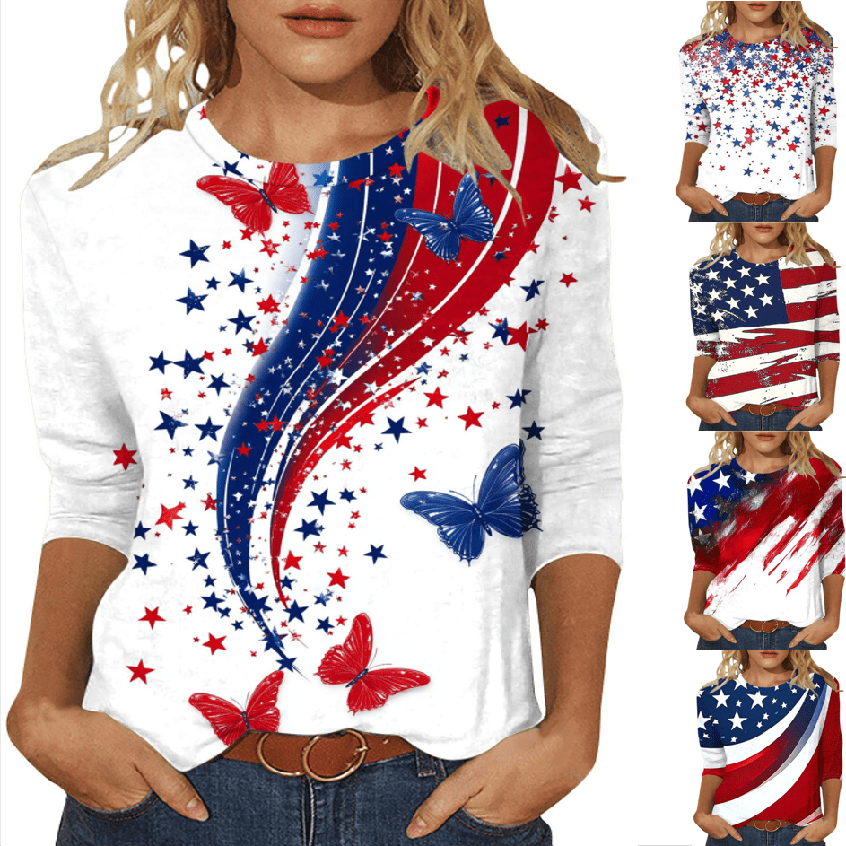Fanxing 4th of July 3/4 Sleeve T Shirts for Women Summer American Flag Tops Patriotic Tees ...