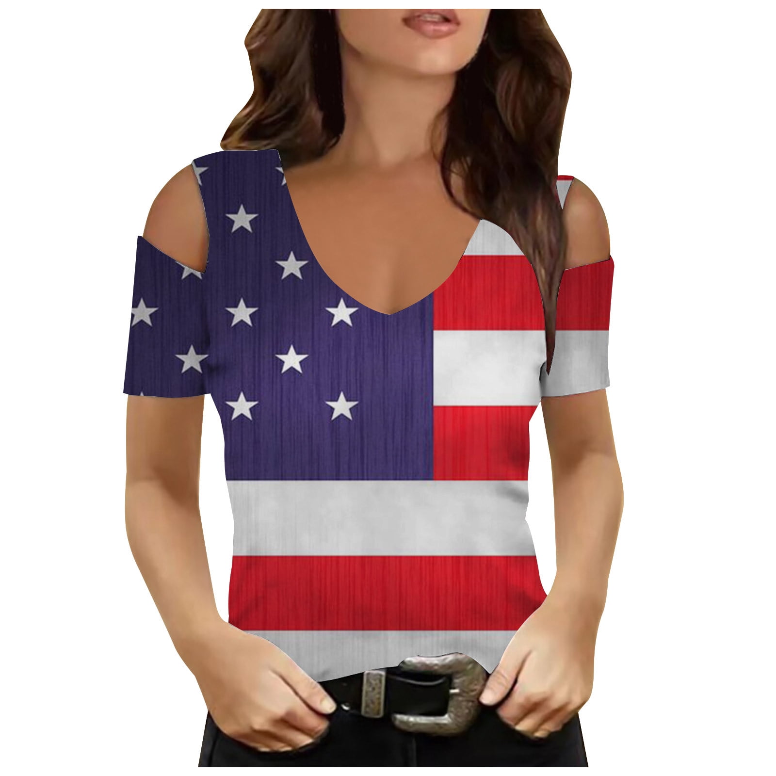 Fanxing American Flag Cold Shoulder Tops Women Slim Fit 4th Of July