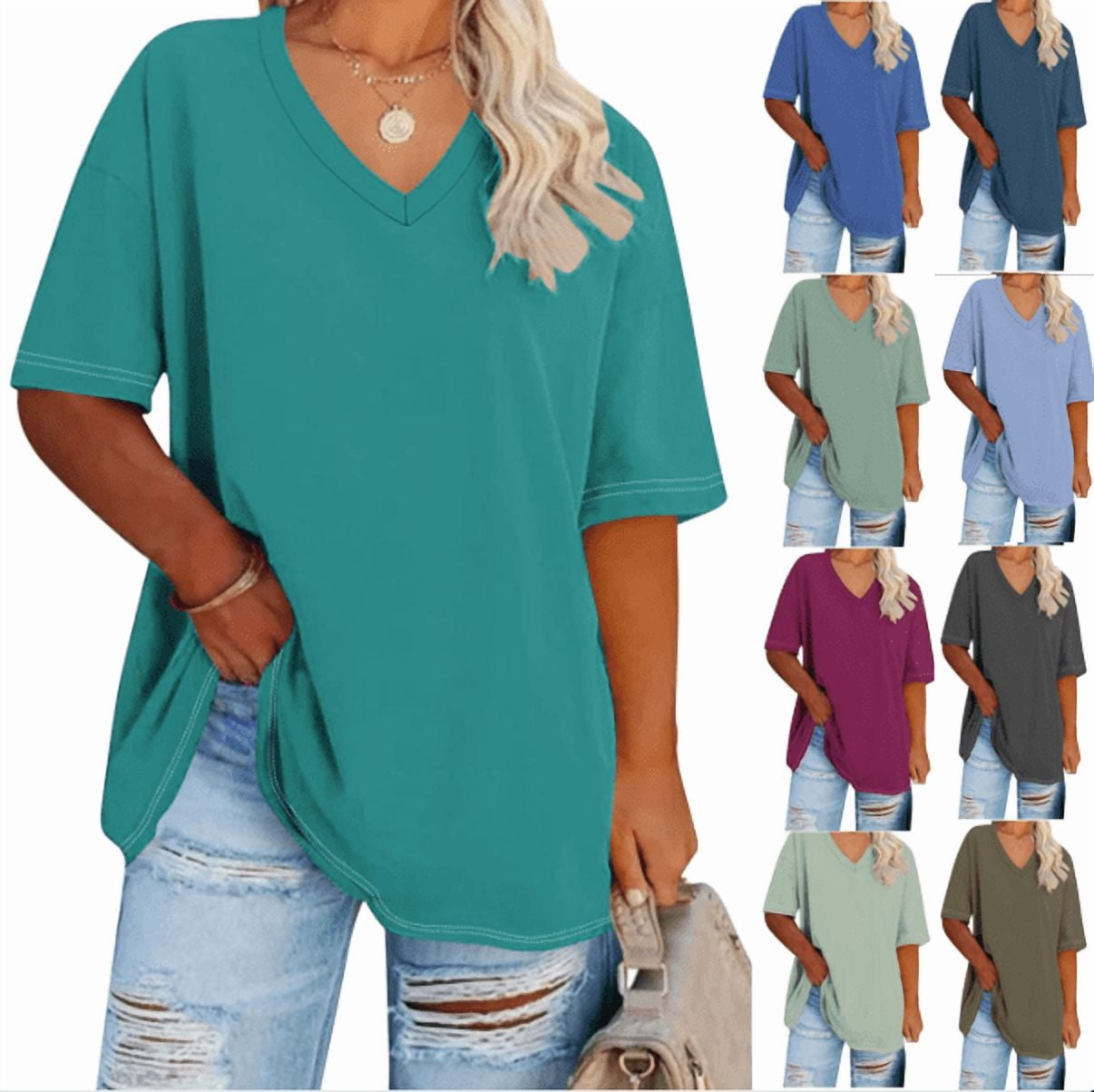 Fanxing Ladies Plus Size Tunics L Light Blue Oversized V Neck Short ...